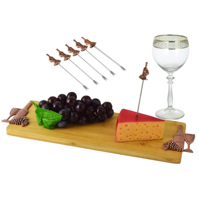 Wine And Grapes Bamboo Cheese Board 16" by 5" & 6 Stainless Steel Picks ...