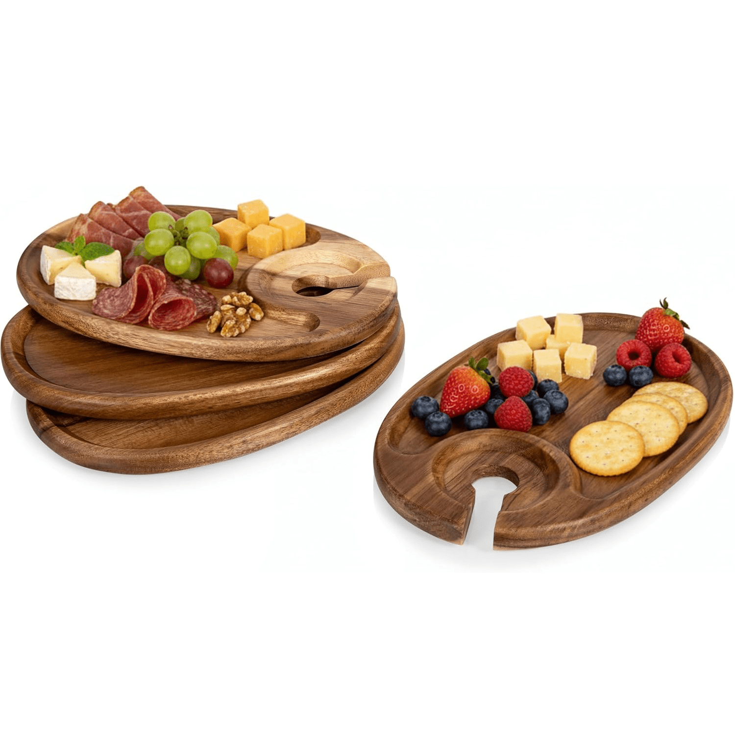 4 Pcs Wine Appetizer Plates, Acacia Wood Cocktail Plate with Glass ...