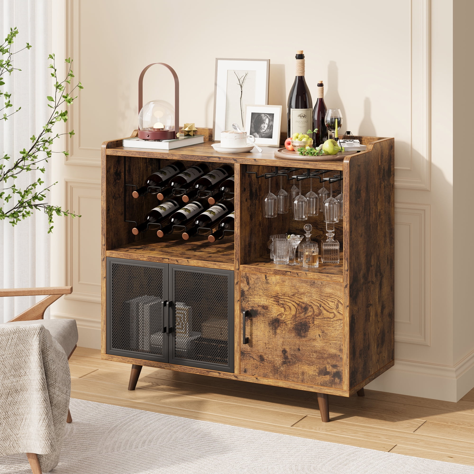Wine Bar Cabinet, Industrial Liquor Coffee Bar Cabinet with Wine Rack ...