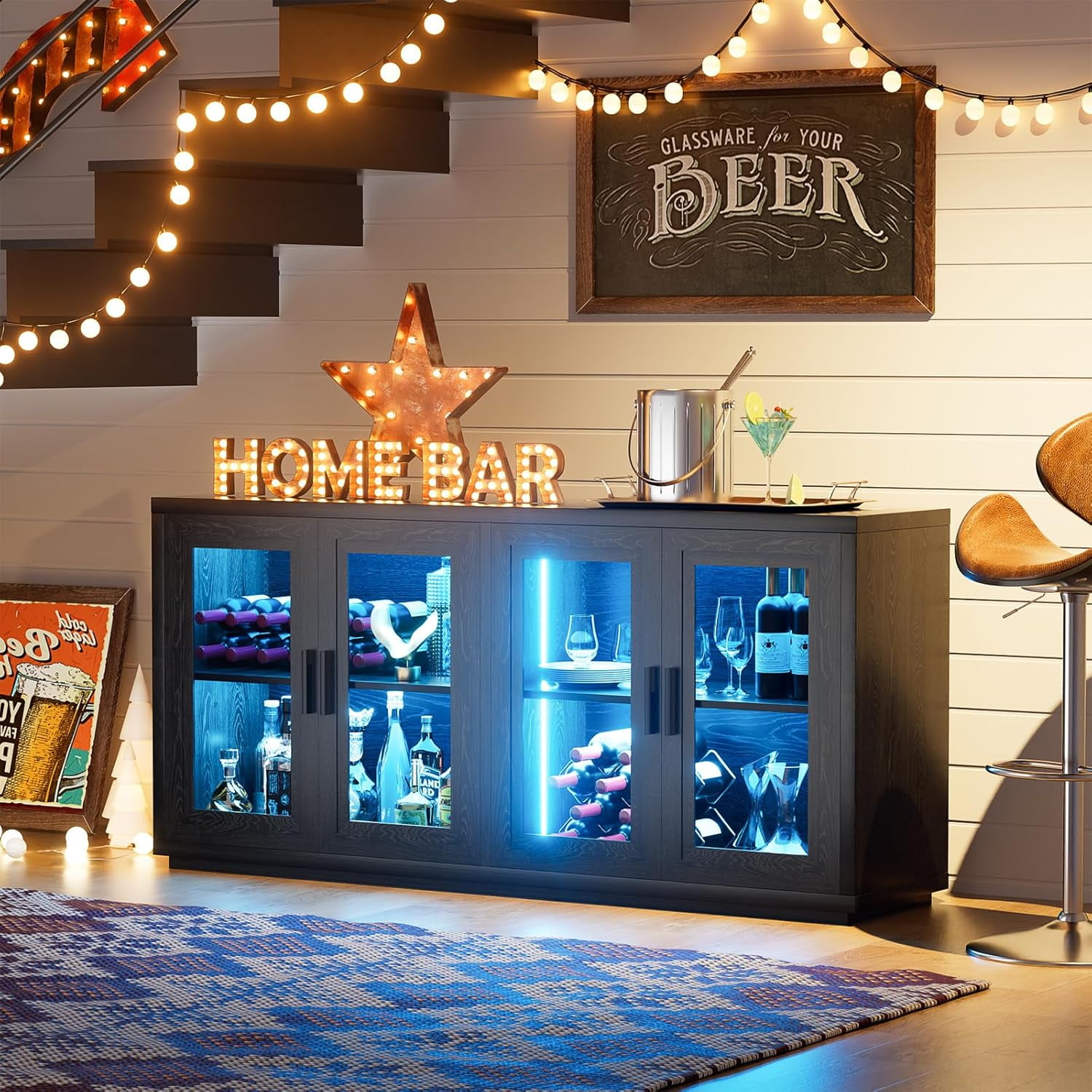 Wine Bar Cabinet with LED Light, 65" Sideboard Buffet Cabinet with ...