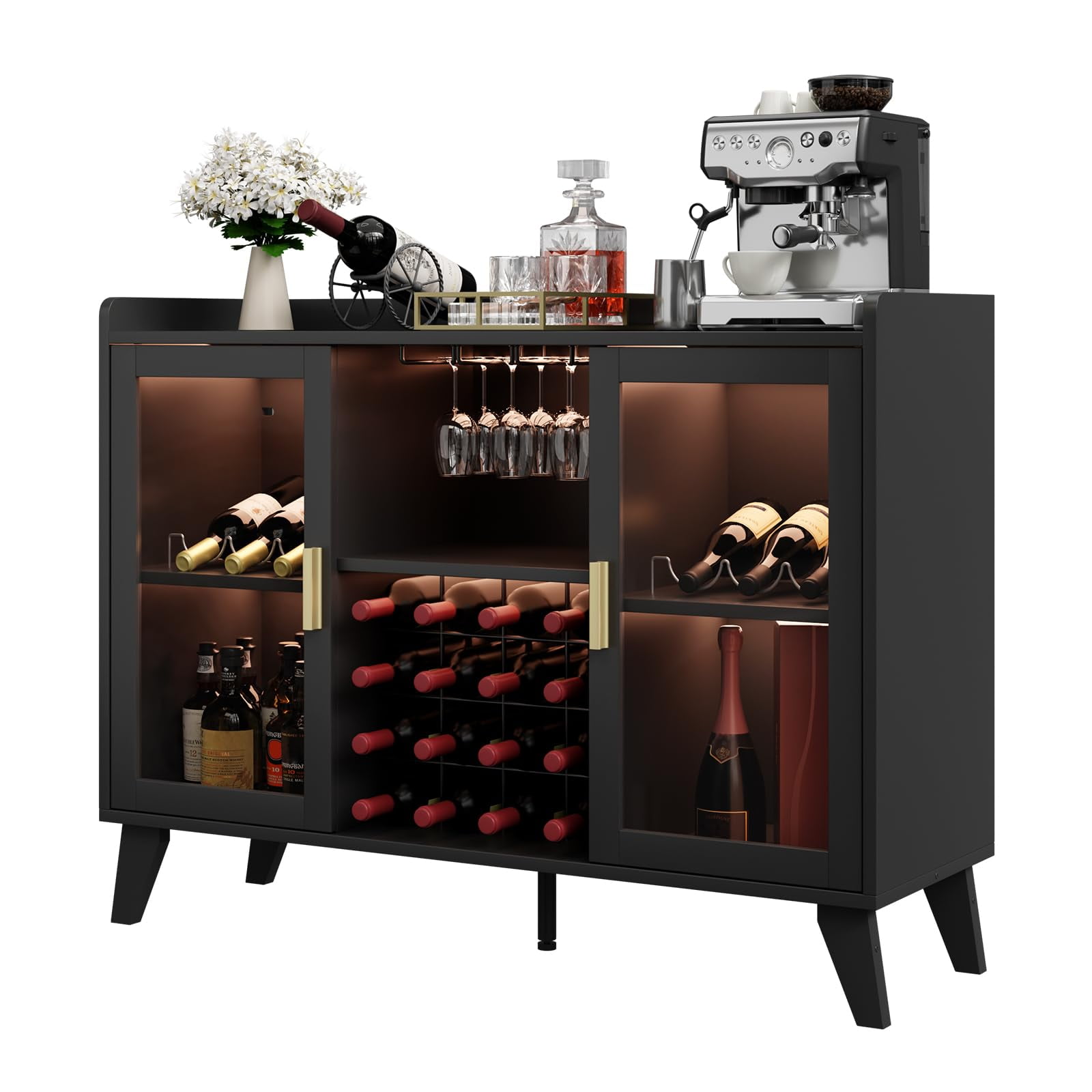 Wine Bar Cabinet with LED Light, Coffee Bar Cabinet with Power Outlet ...
