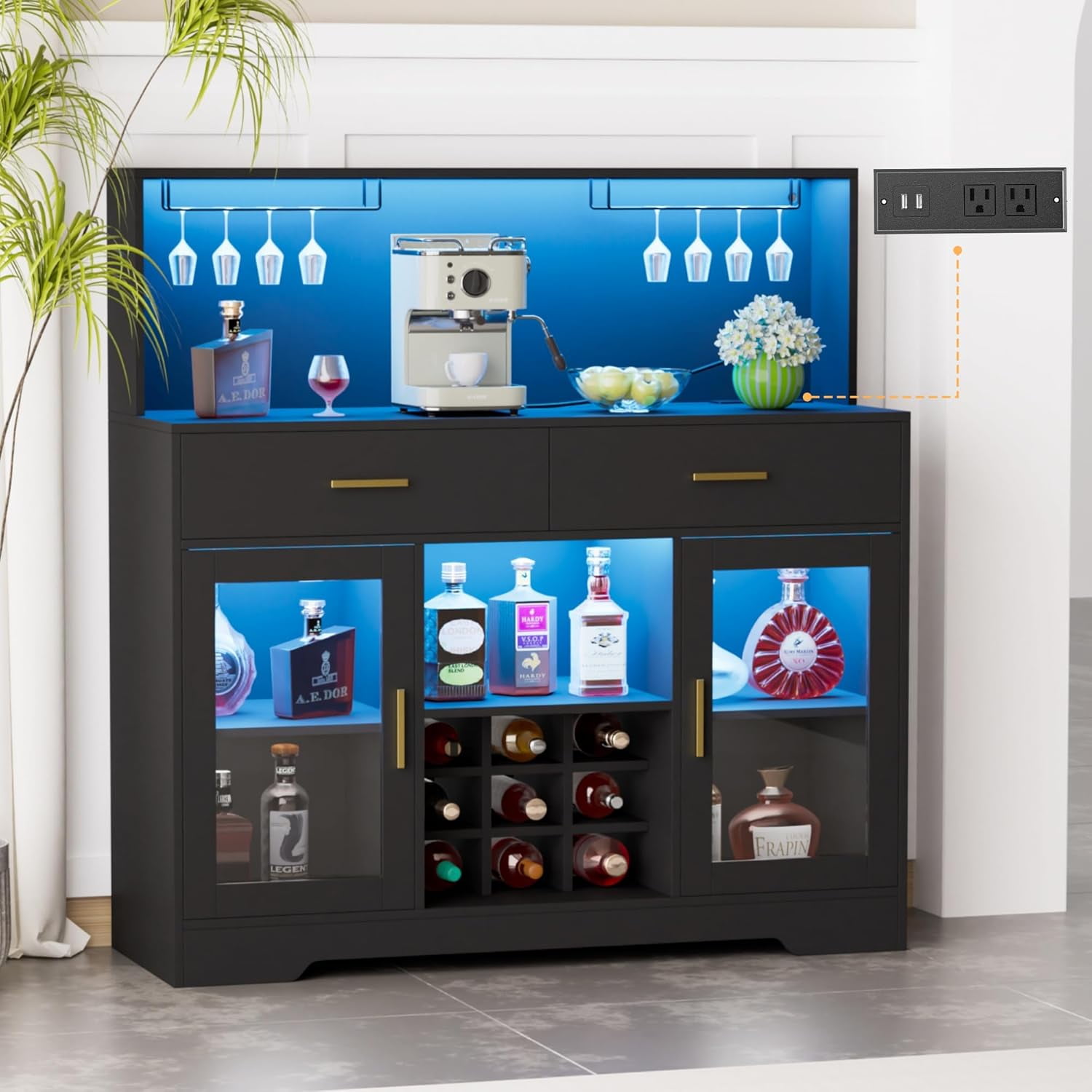 Wine Bar Cabinet with LED Light, Home Coffee Bar Cabinet with Power ...