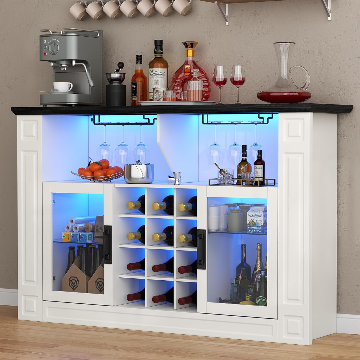 Wine Bar Cabinet with LED Light, Kitchen Coffee Bar Cabinet with Glass ...