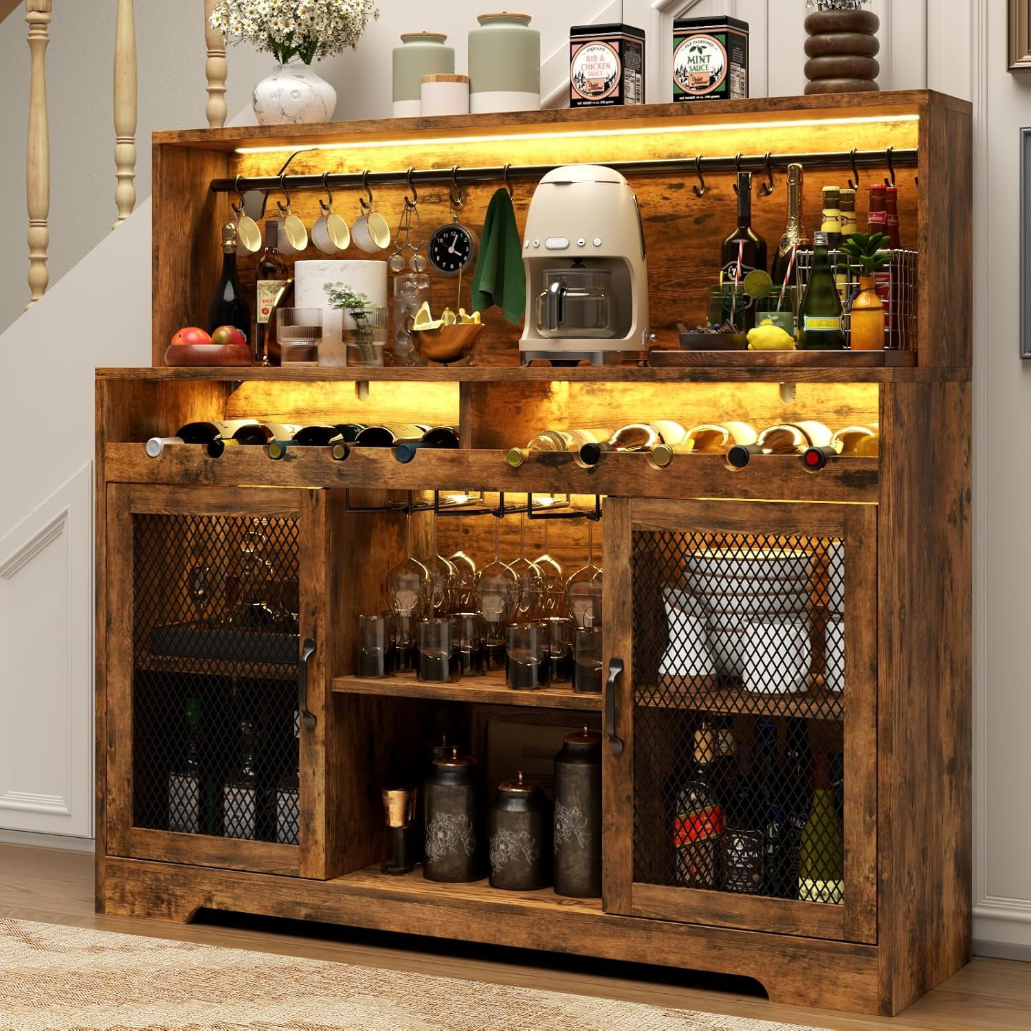 Wine Bar Cabinet with LED Light Liquor Cabinet with Glass Holder Coffee ...