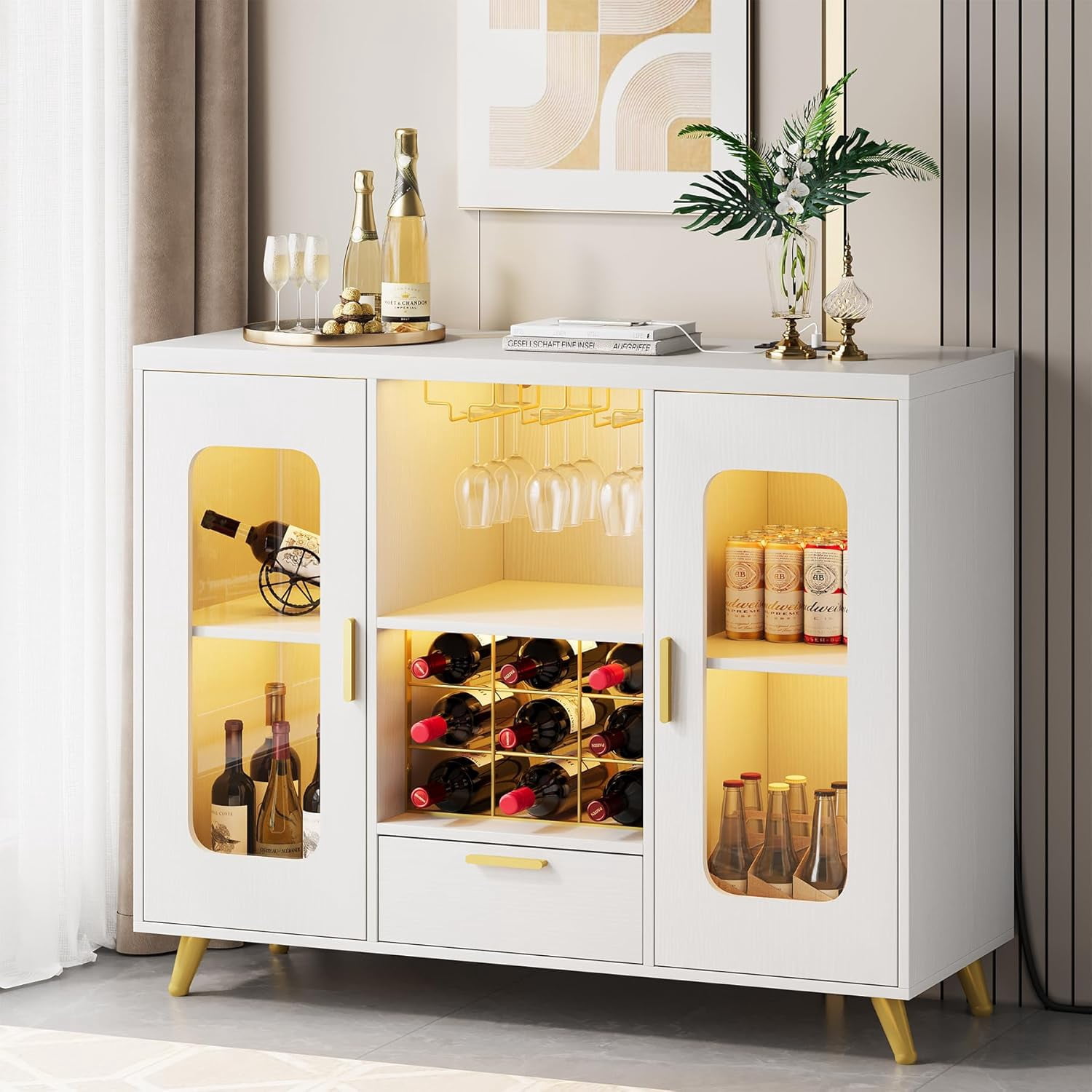 Wine Bar Cabinet with LED Light, Modern Coffee Bar Cabinet with Power ...