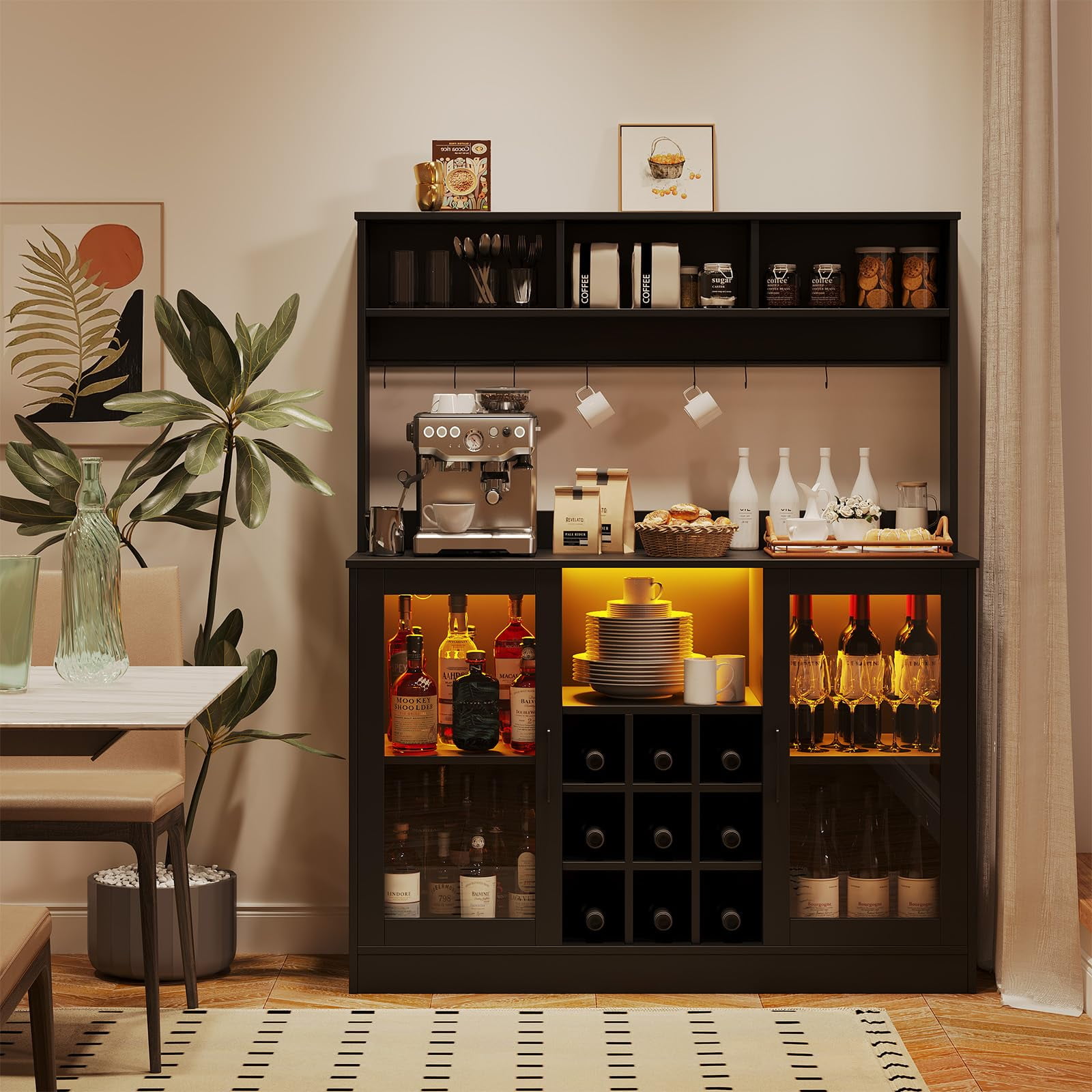 Wine Bar Cabinet with LED Light & Power Outlet, Home Liquor Cabinet ...