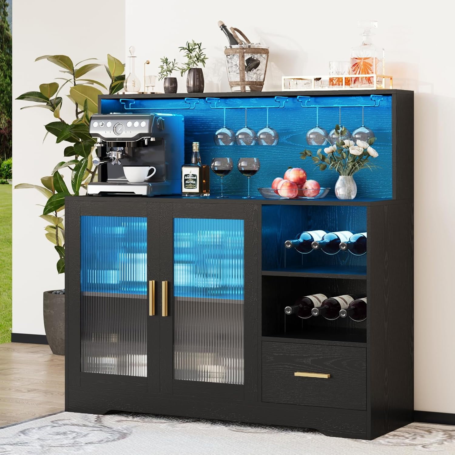 Wine Bar Cabinet with LED Light,with Wine and Glass Rack, Modern ...