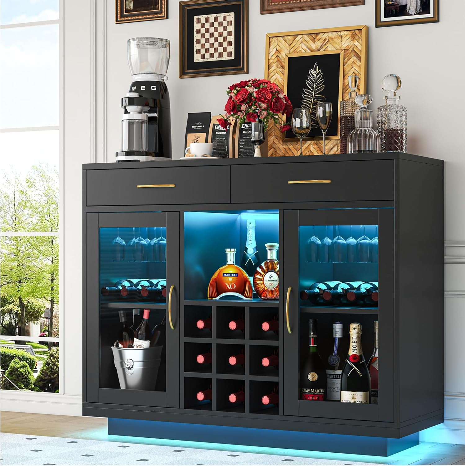 Wine Bar Cabinet with LED Lights, Coffee Bar Cabinet with Wine and ...