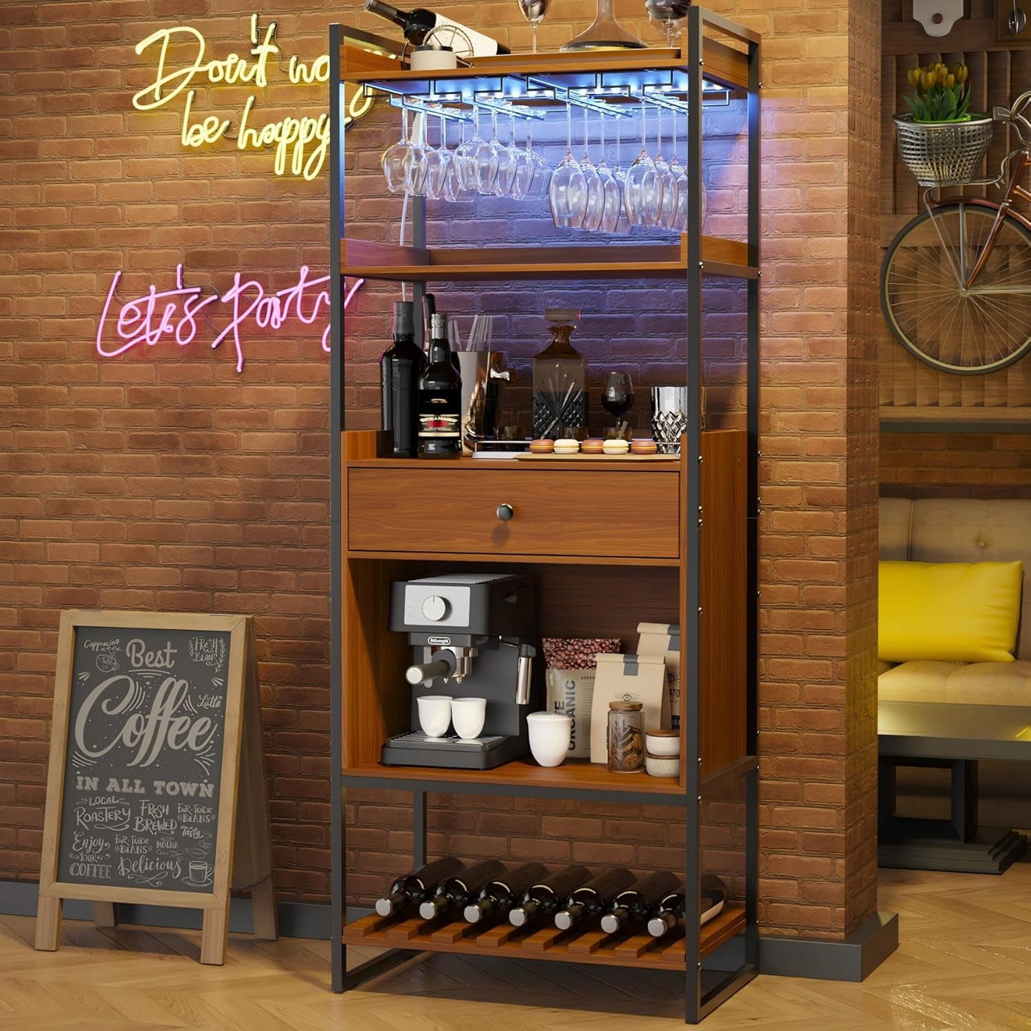 Wine Bar Cabinet with LED Lights, Industrial 67" Tall Coffee Bar with ...