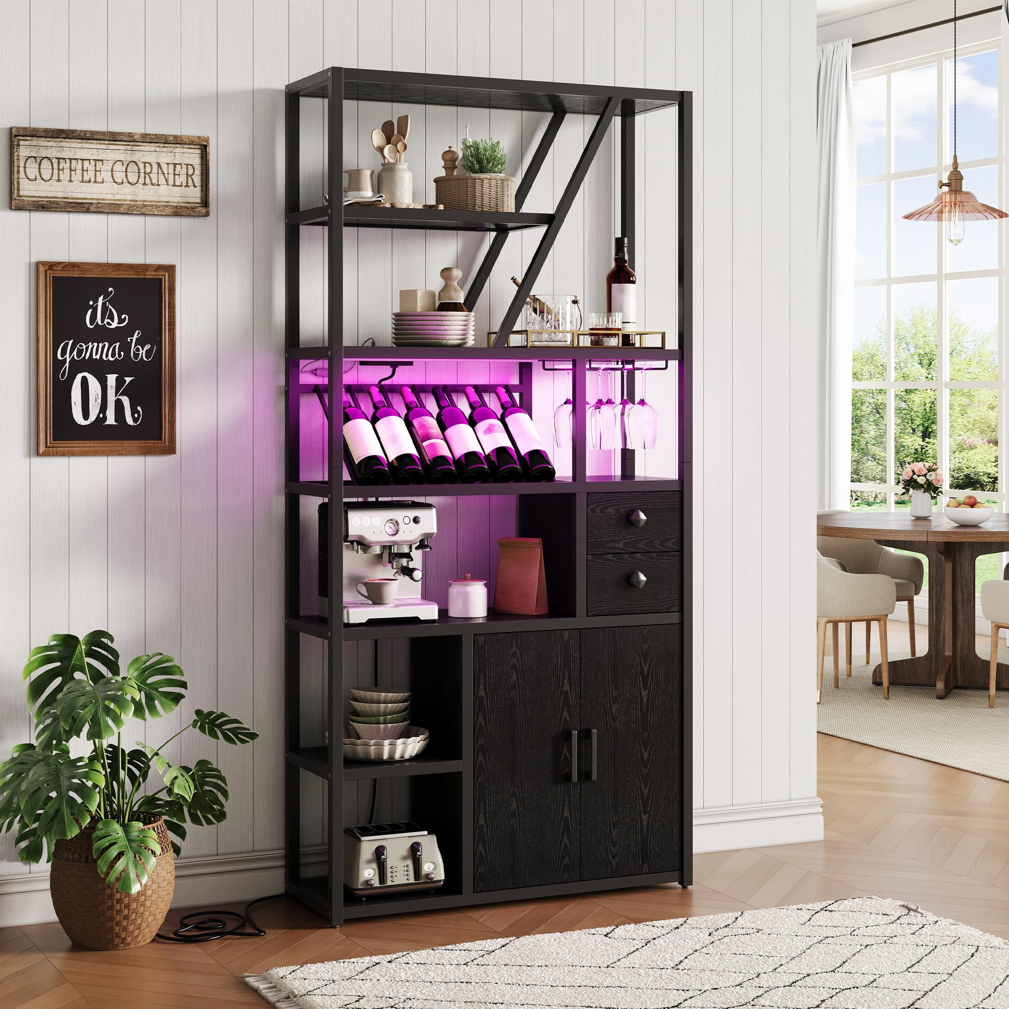 Wine Bar Cabinet with LED Lights, Industrial Coffee Bar with Adjustable ...