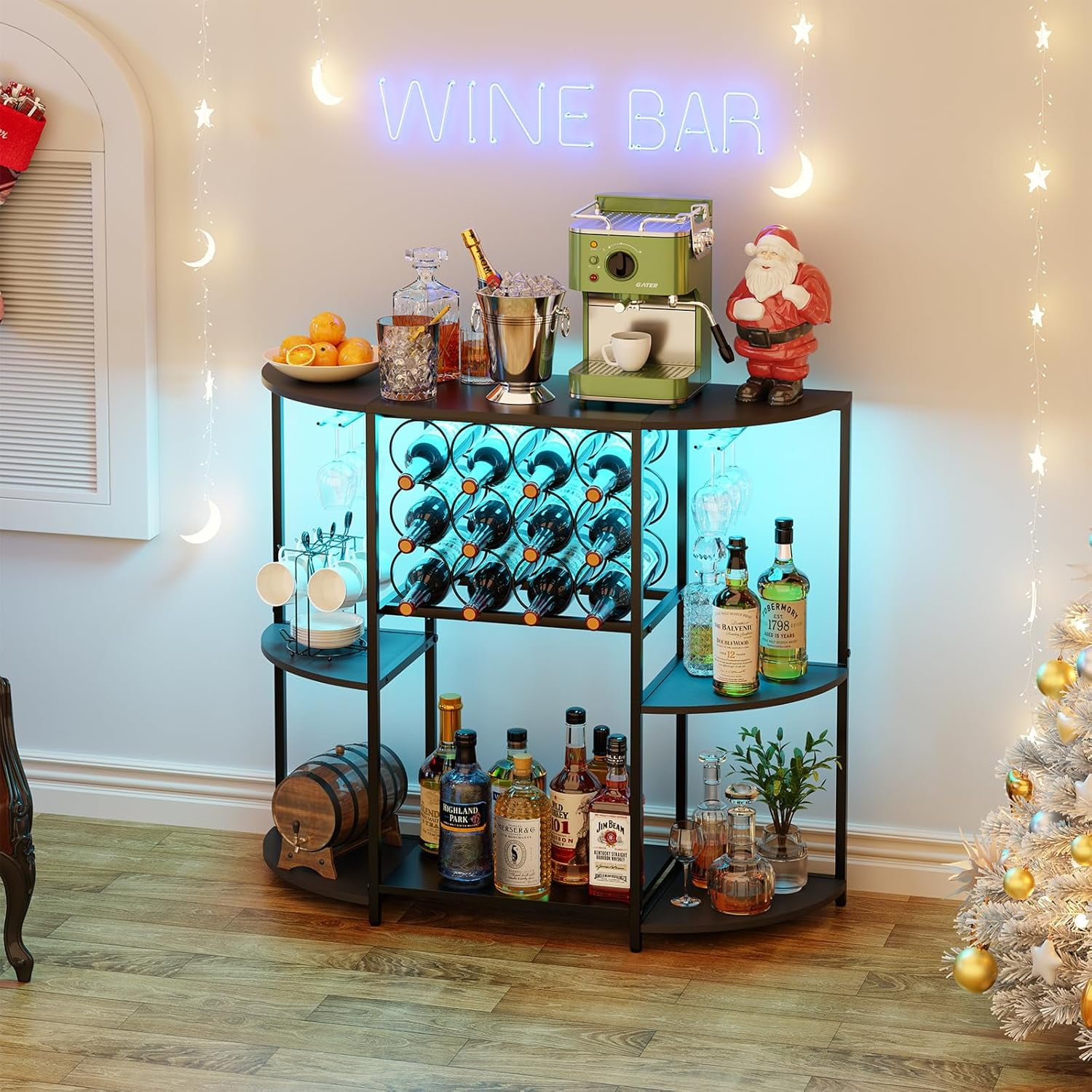 Wine Bar Cabinet with LED Lights, Mini Wine Bar Cart with Storage and ...