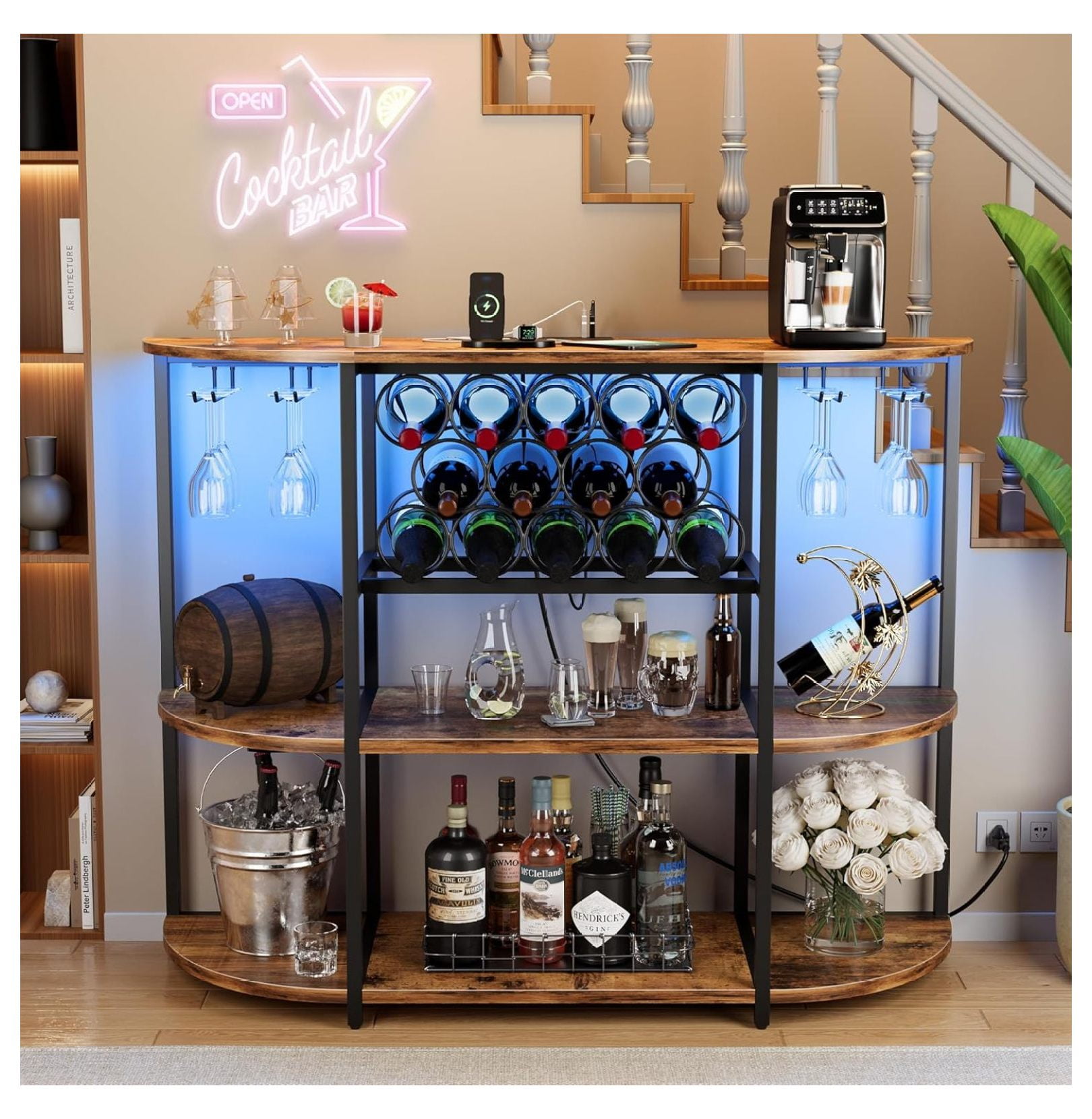 Wine Bar Cabinet with LED Lights and Power Outlets, Freestanding Liquor ...