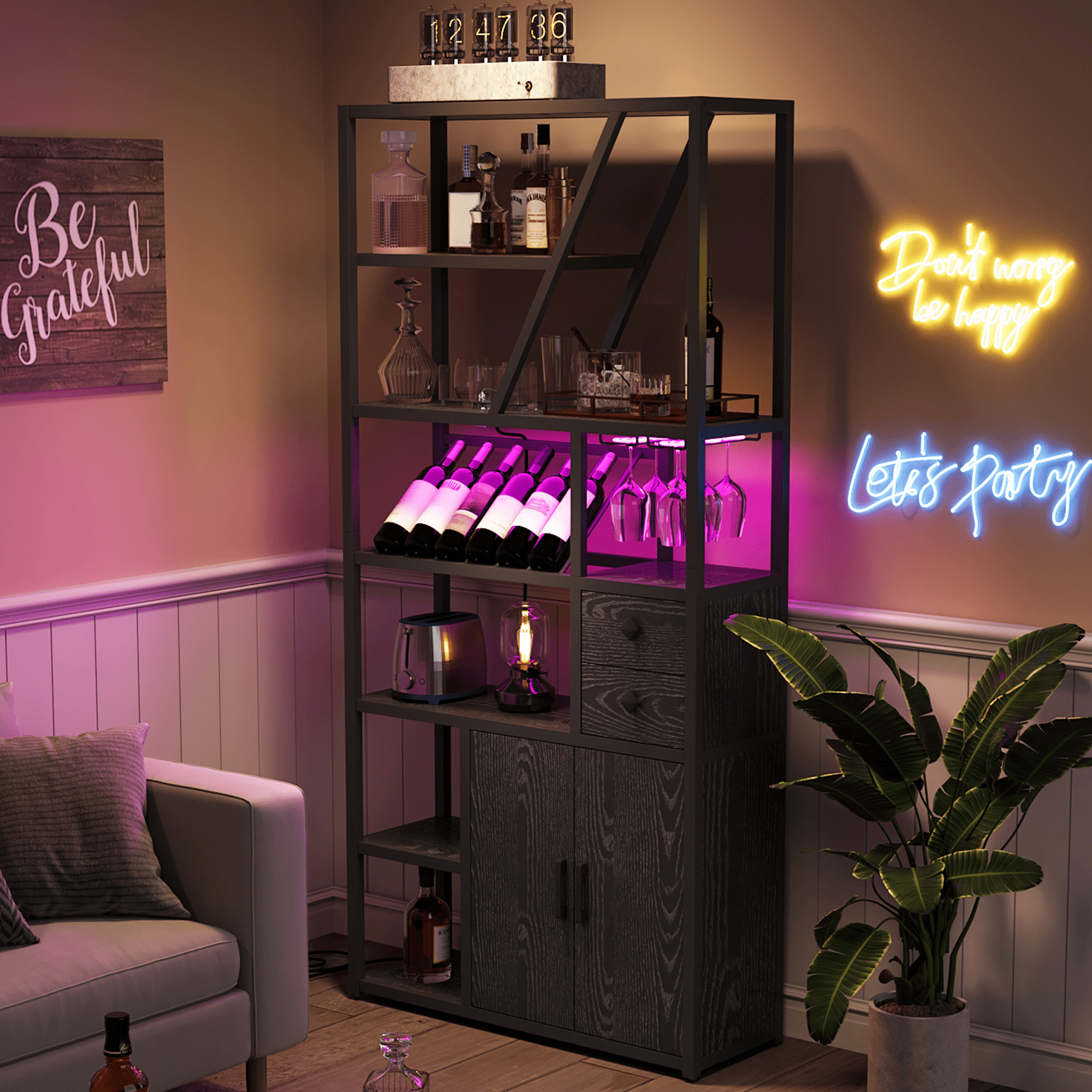 Wine Bar Cabinet with LED Lights, Tall Coffee Bar Station with Power ...