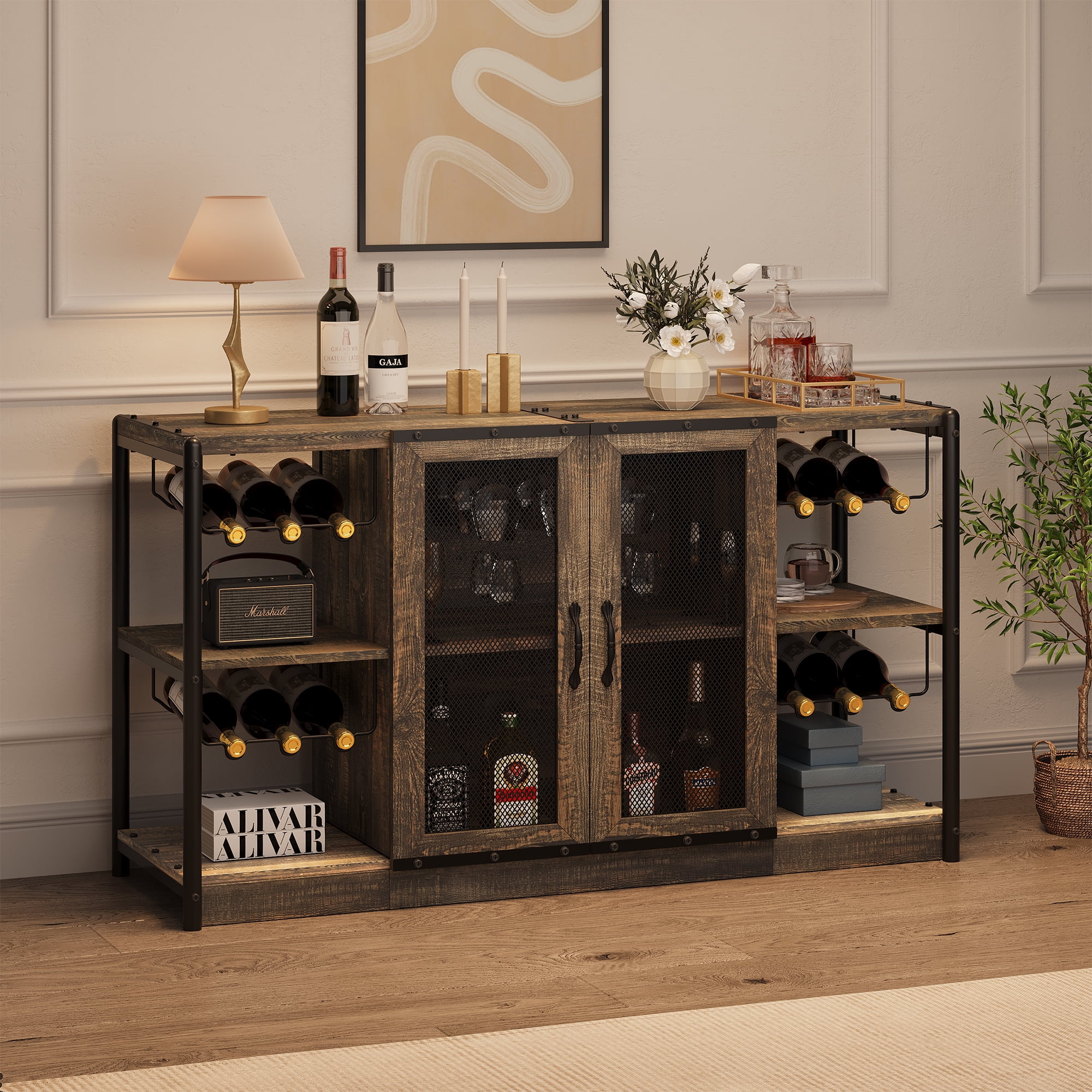 Wine Bar Cabinet, Liquor Cabinet for Liquor and Glasses, Industrial ...