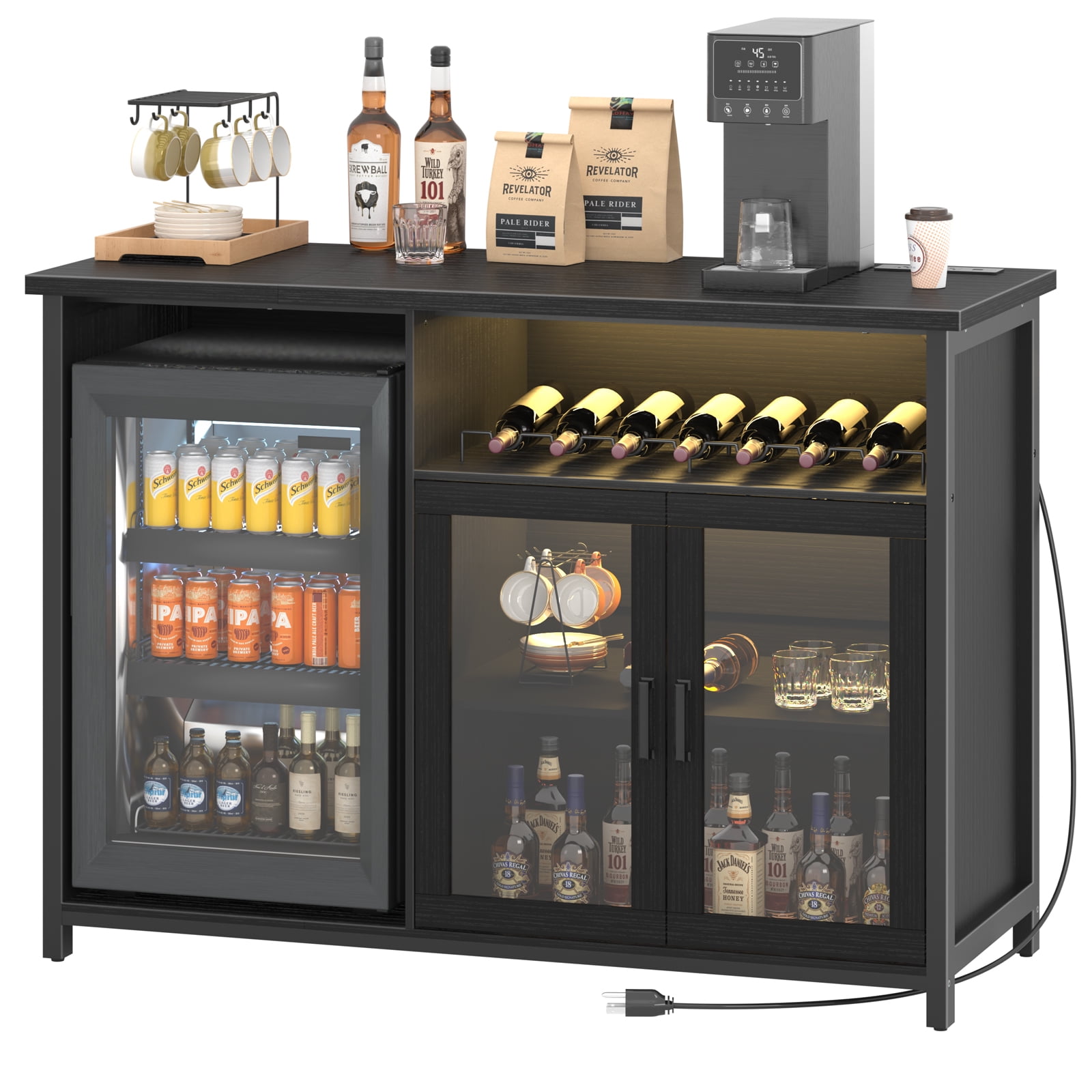 Wine Bar Cabinet with Mini Fridge Space, Black Coffee Bar Cabinet and ...