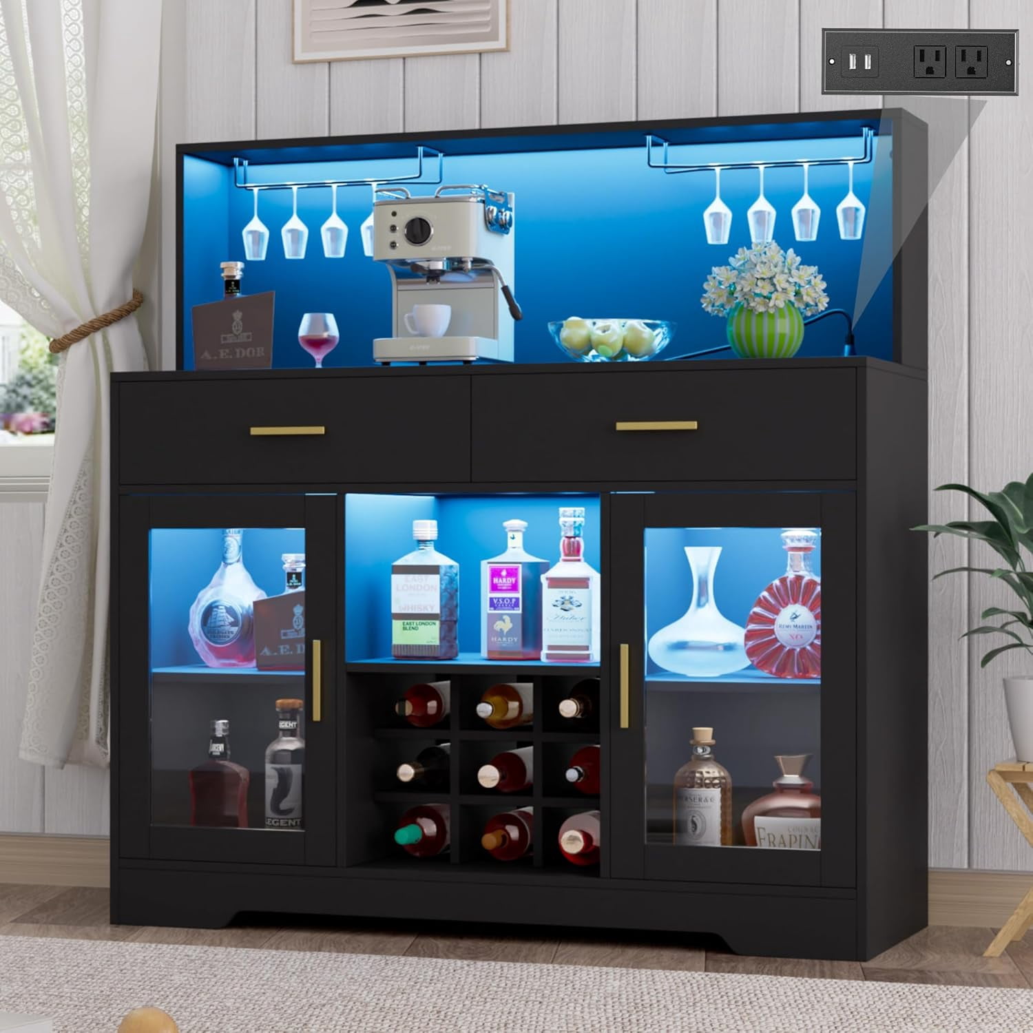Wine Bar Cabinet With Power Outlet, Black Bars Cabinet Liquor Cabinet ...