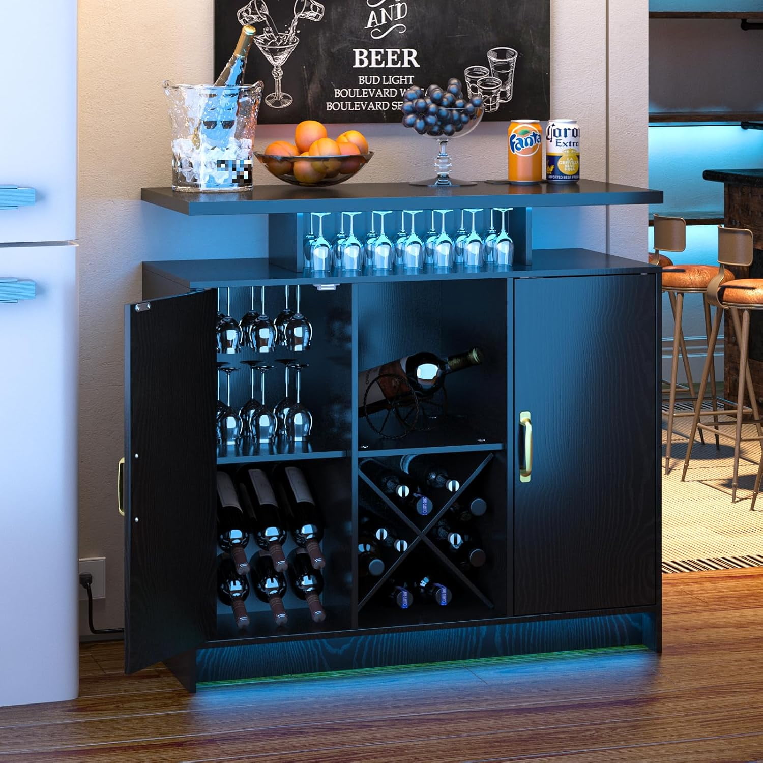 Wine Bar Cabinet with Power Outlet and LED Light, Coffee Bar Cabinet ...