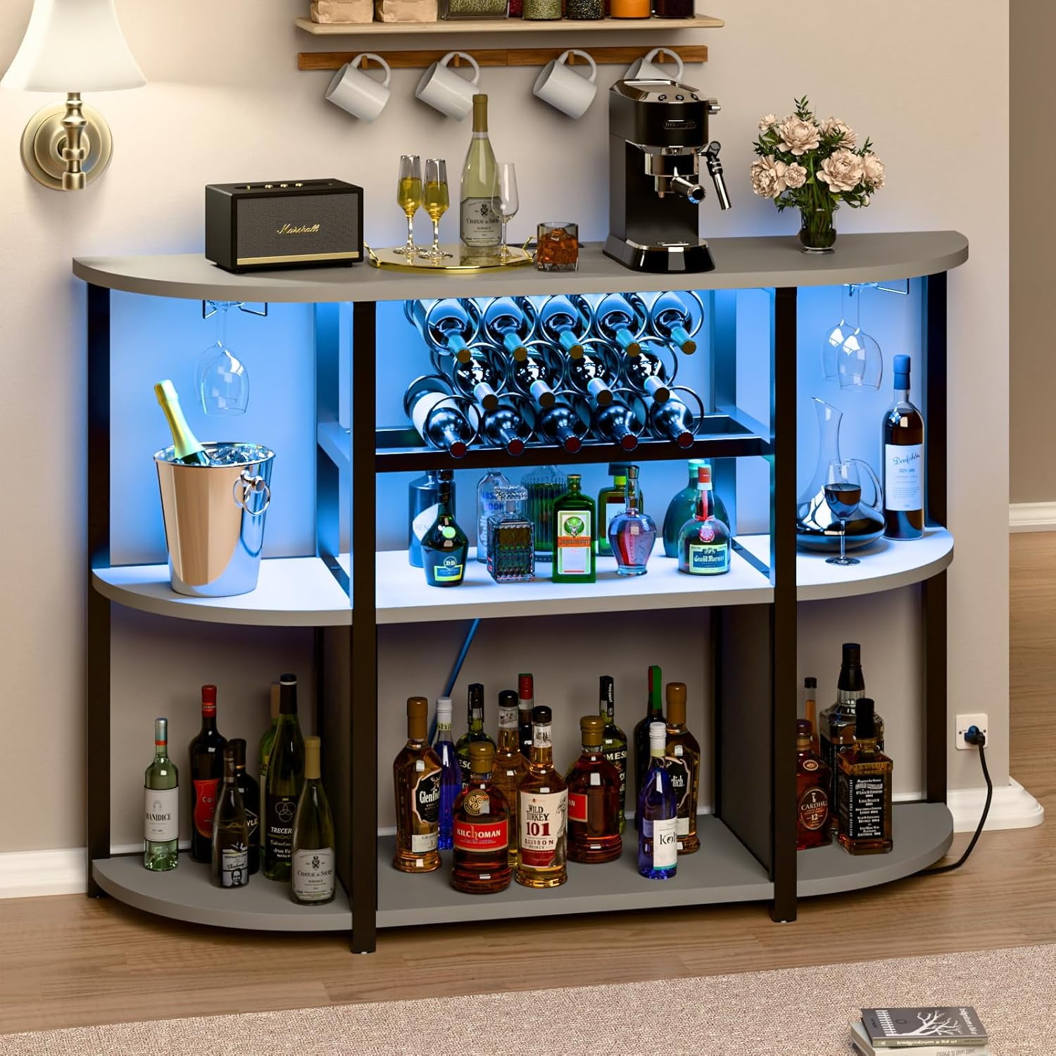 Wine Bar Cabinet with Power Outlet and LED Lights, Home Bar Cabinet ...