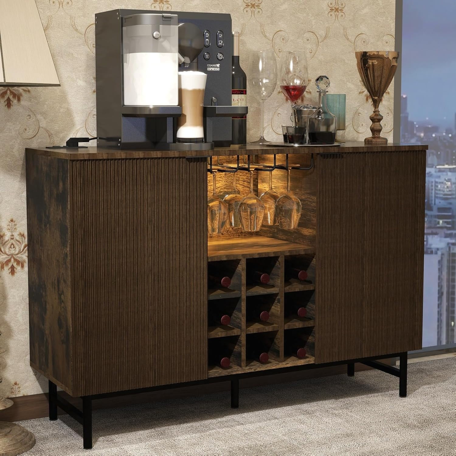 Wine Bar Cabinet with Power Outlets and LED Lights, Fluted Liquor ...