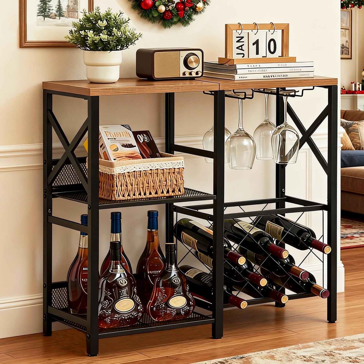Wine Bar Cabinet, Rustic Freestanding Wine Rack with Glass Holder and ...