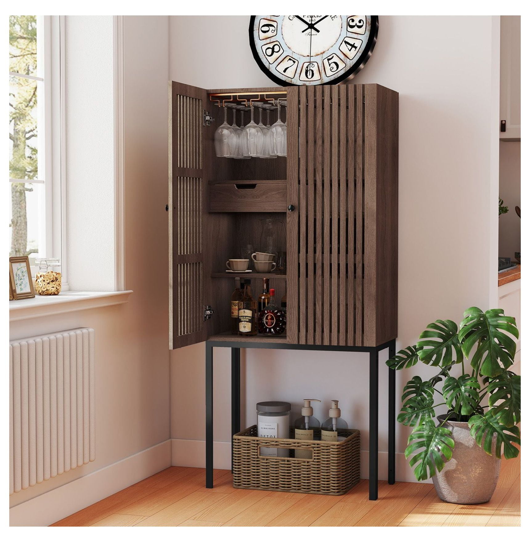 Wine Bar Cabinet with Tall Legs, Liquor Cabinet with Removable Wine ...