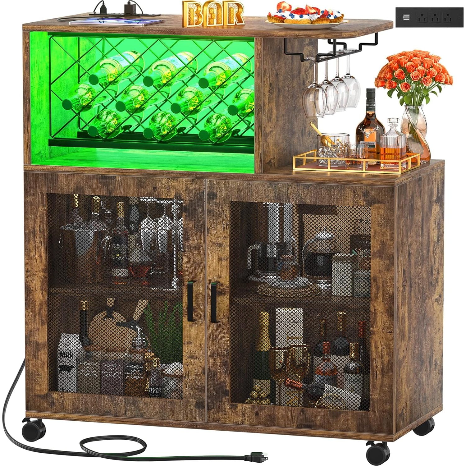 Wine Bar Cabinet with Wheels, Small Liquor Cabinet with LED Light, Home ...