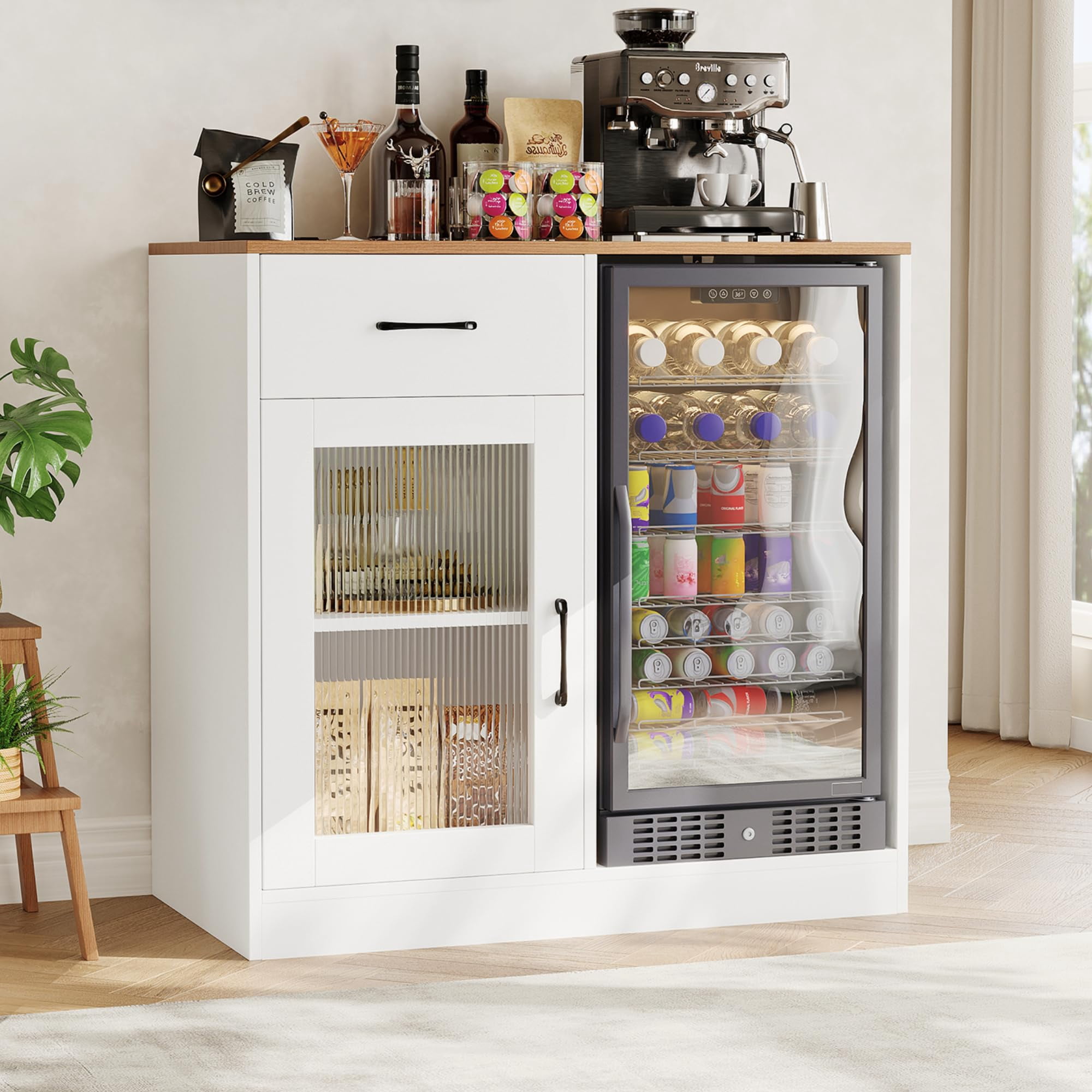 Wine Bar Cabinet with Fridge Space, Fluted Acrylic Glass Door and Glass ...