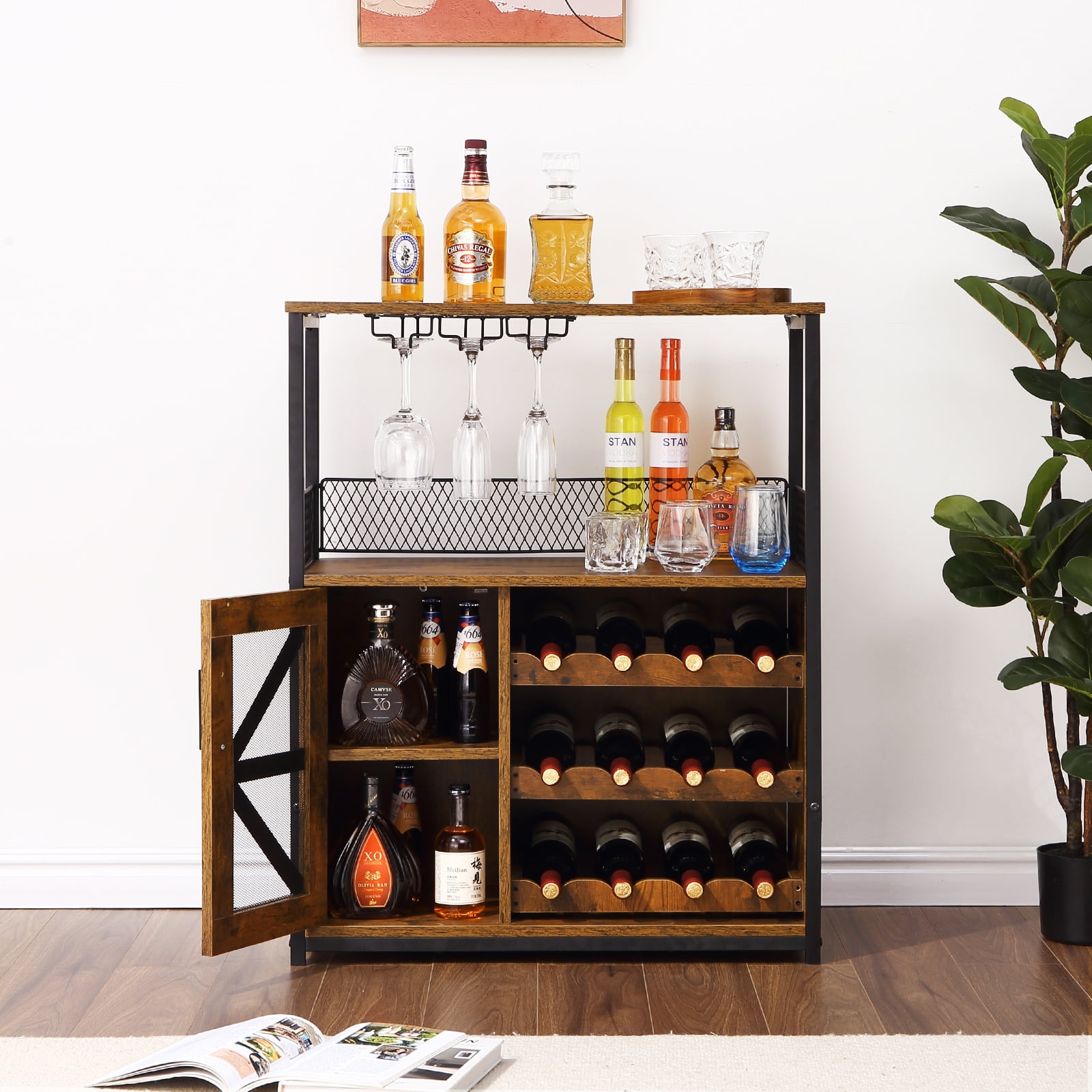 Wine Bar Cabinet with LED Light,Freestanding Liquor Cabinet with Wine ...