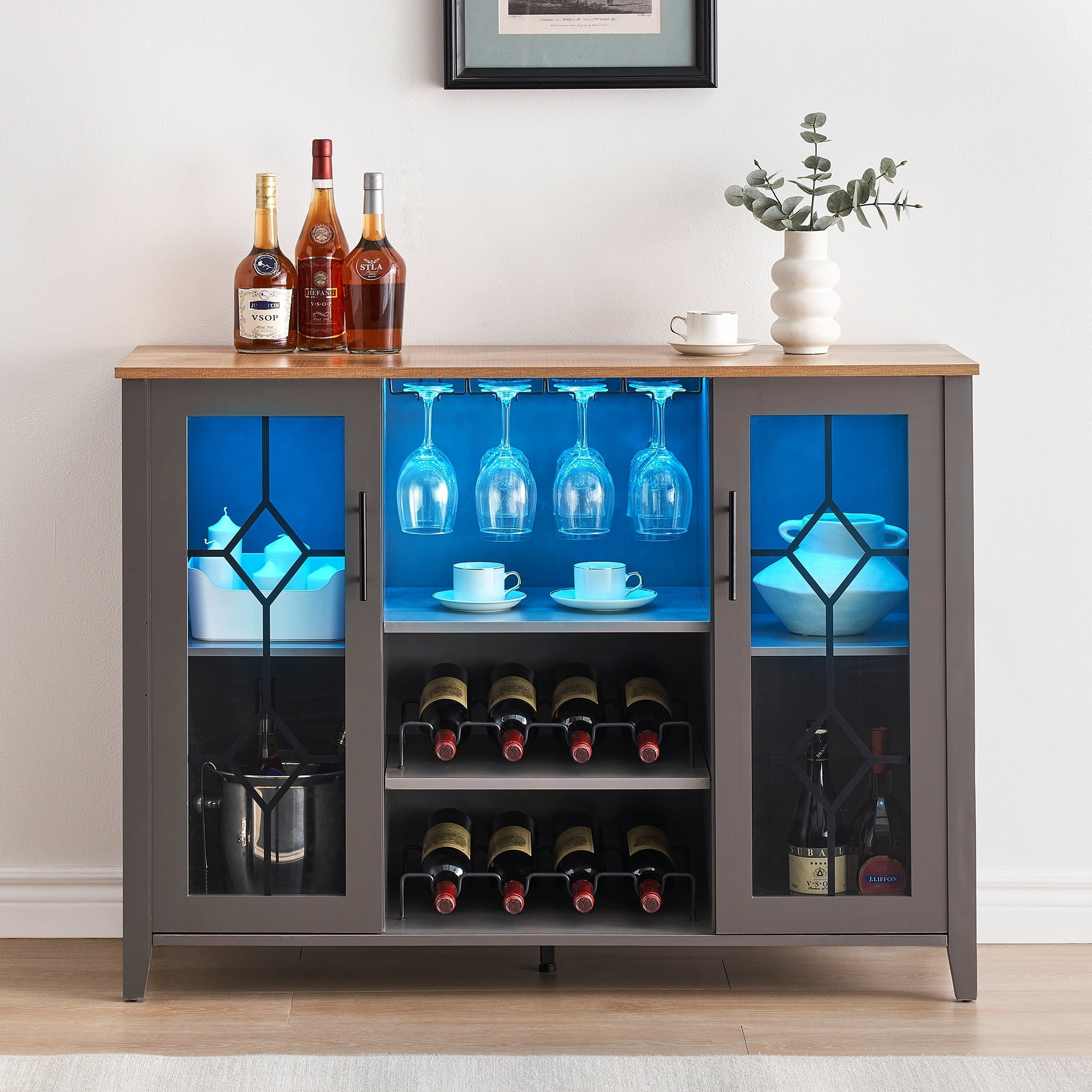 Wine Bar Cabinet with Led Light Wine and Glass Rack Grey - Walmart.com