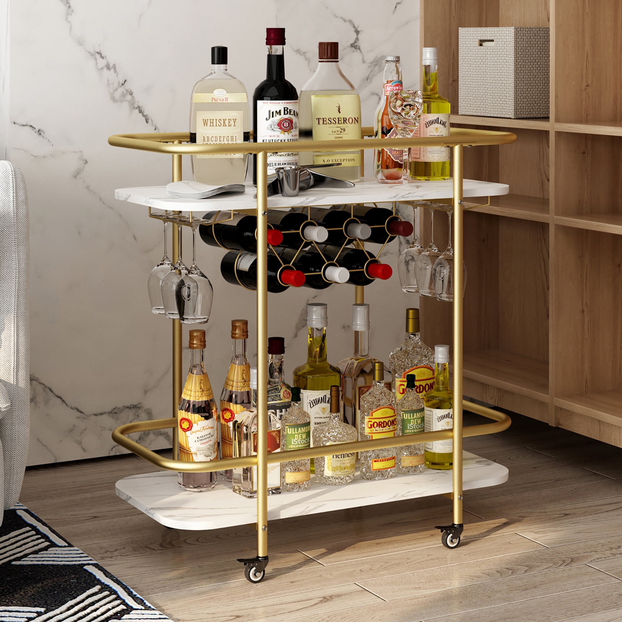 BENOSS Wine Bar Cart, Small Rolling Serving Cart with Wine Rack and ...