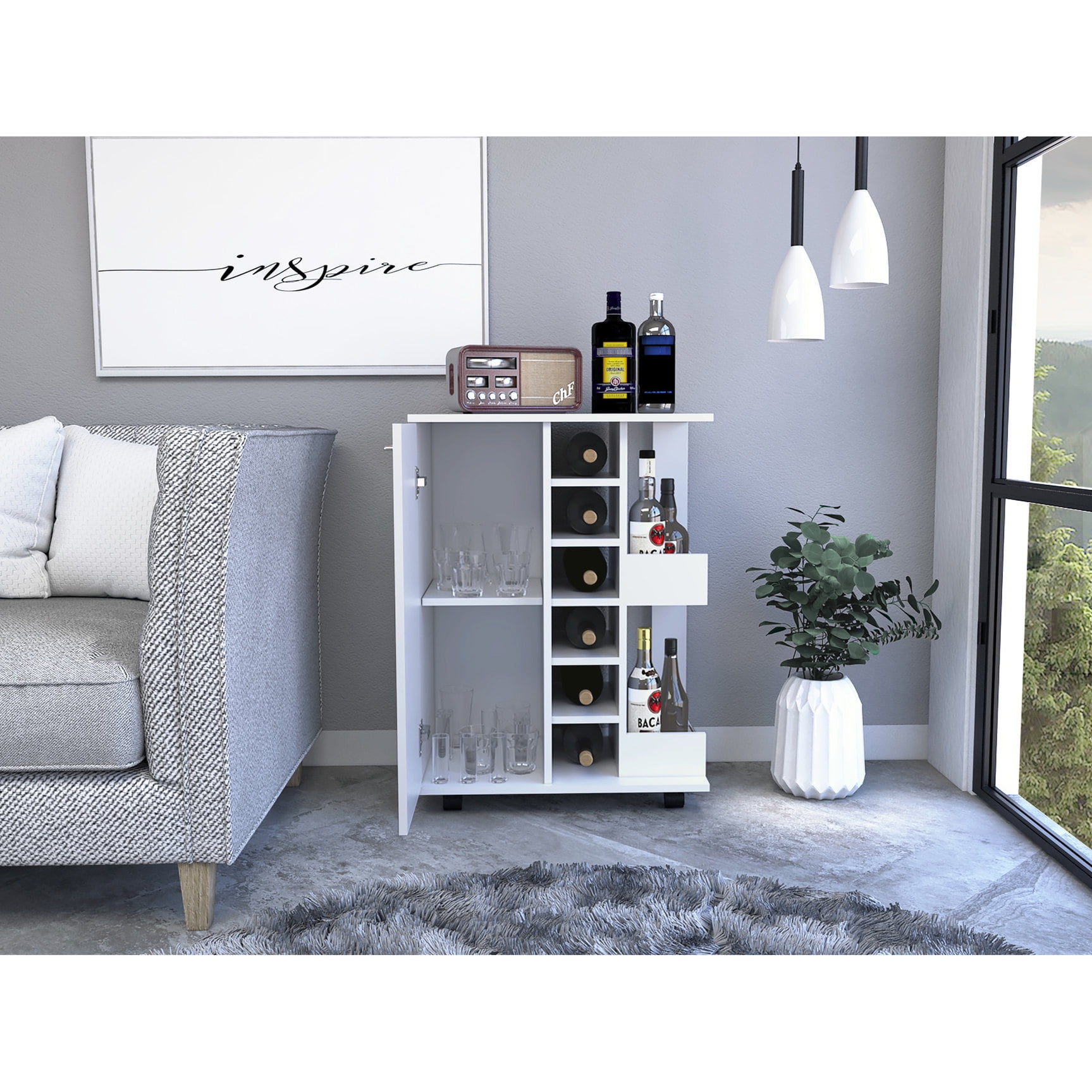 Wine Bar Storage Unit / Four Casters, Six Cubbies, White Particle Board ...