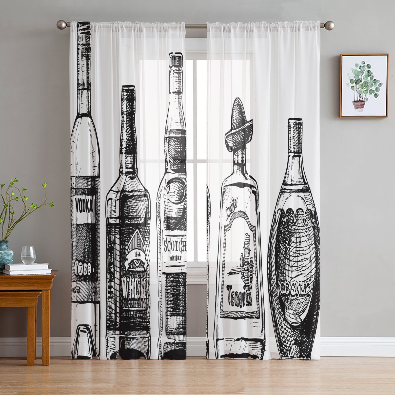 Wine Bottle Drink Black Bottle Tulle Curtains for Living Room Bedroom ...