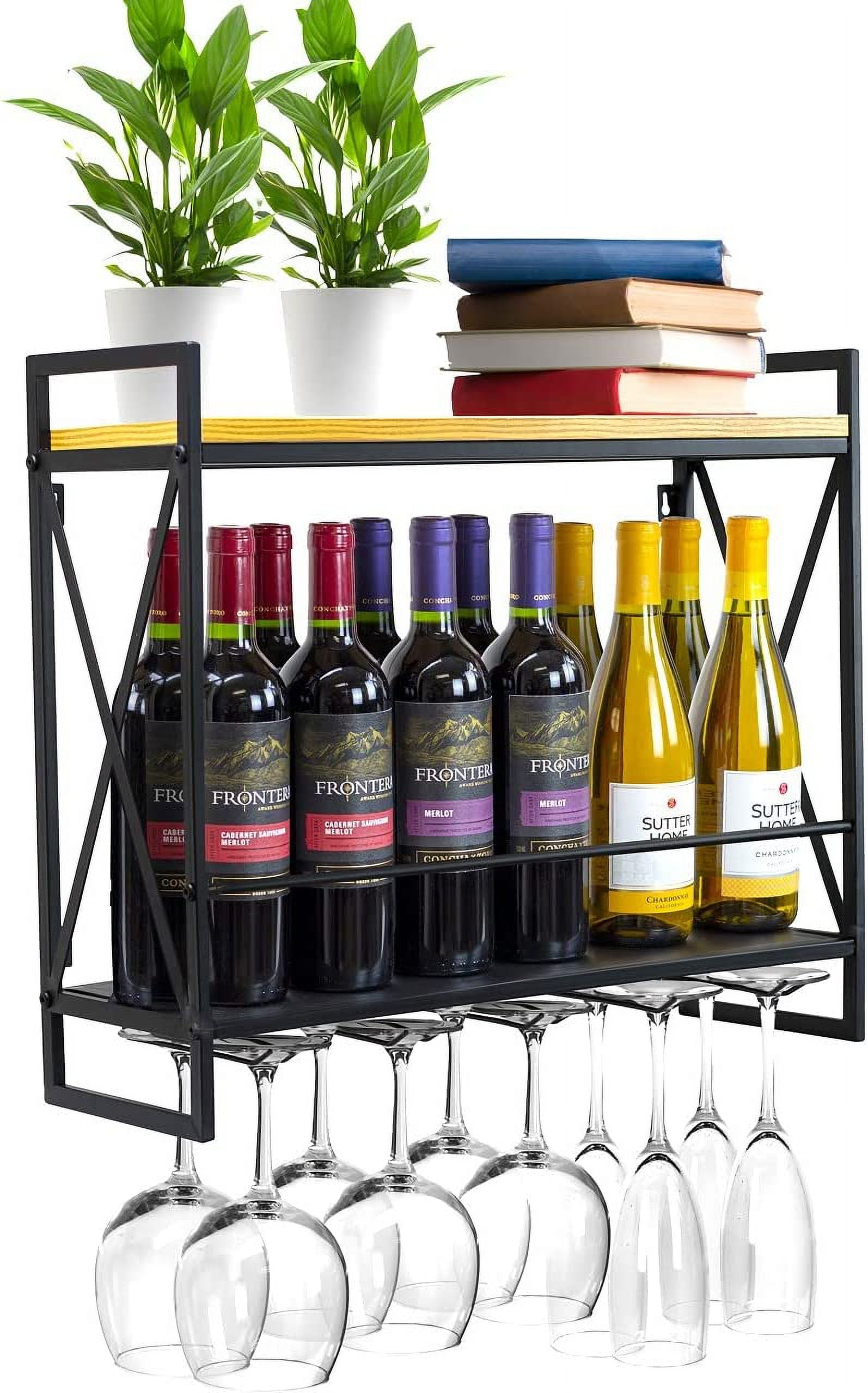 Wine Bottle Stemware Glass Rack, Industrial 2-Tier Wood Shelf, Wall ...