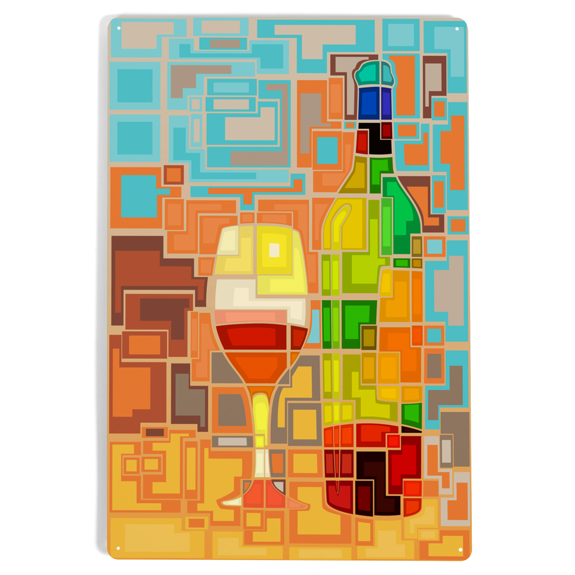 Wine Bottle and Glass, Contemporary Squares (12x18 Aluminum Art, Indoor ...