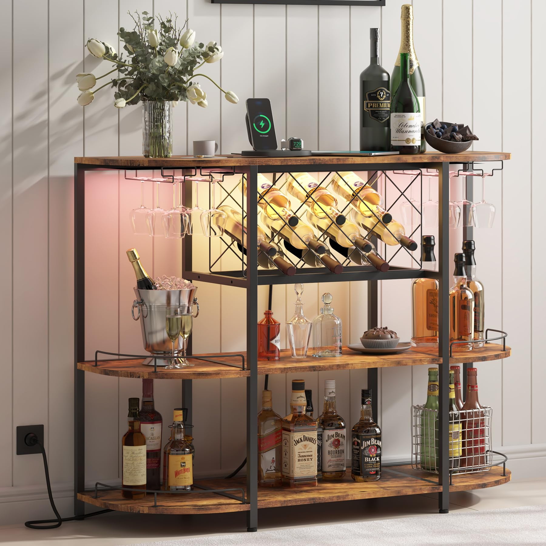 Wine Cabinet Bar Cart Table with Power Socket and LED Light, Three ...