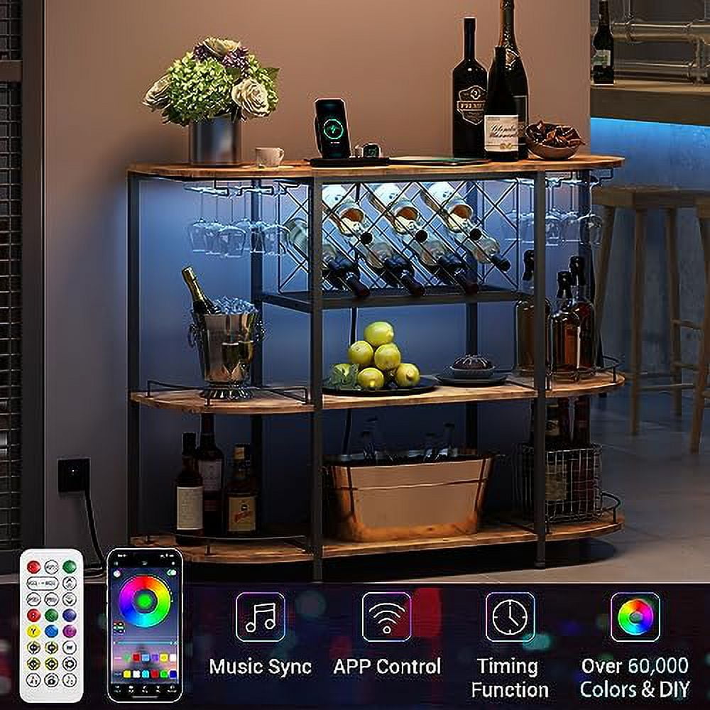 Wine Cabinet Bar Cart Table with Power Socket and LED Light, Three ...