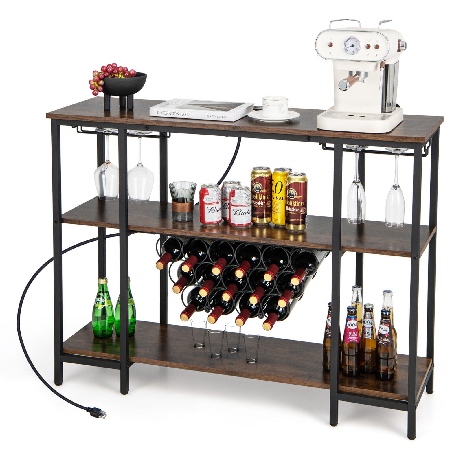Wine Cabinet Bar Table Wine Rack Table for Drinks Glasses w/ Power ...