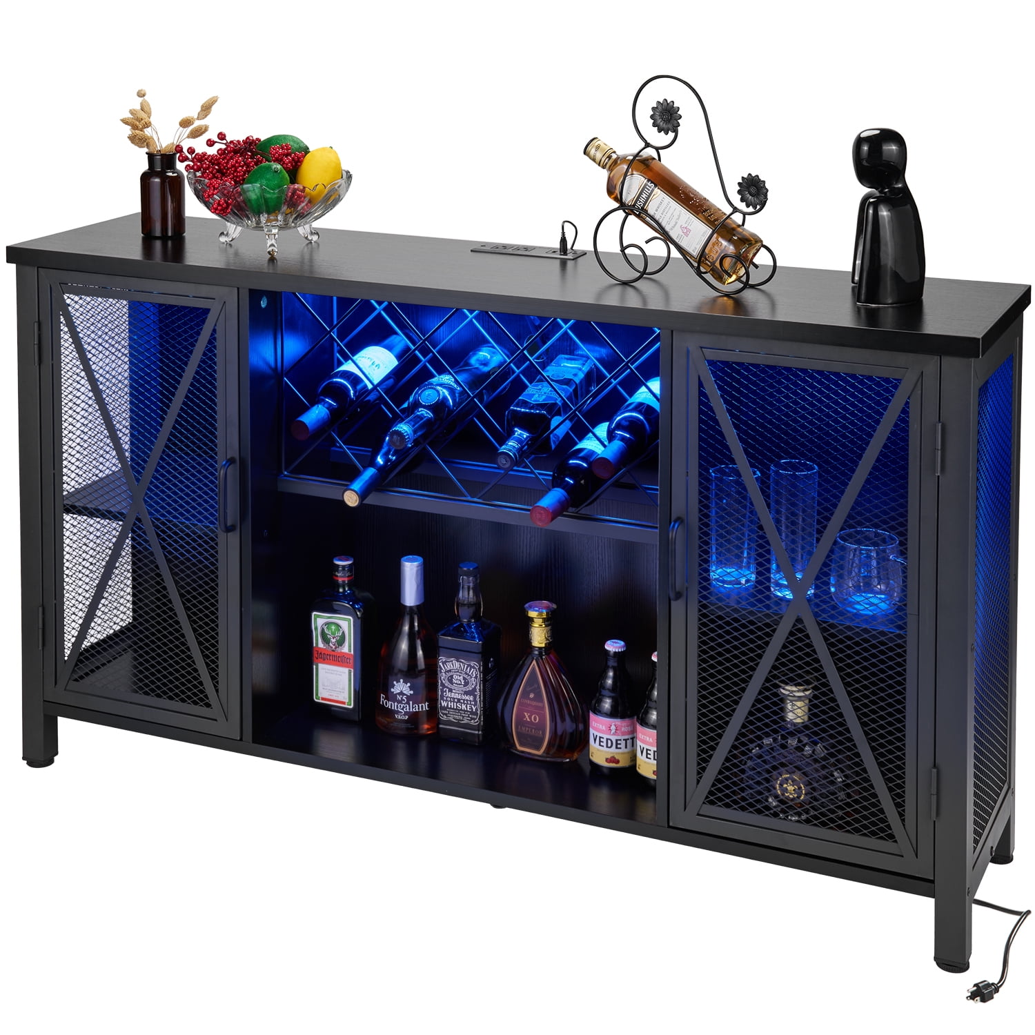 Wine Cabinet with Power Outlet and Light LED Wine Bar Stand for Liquor ...
