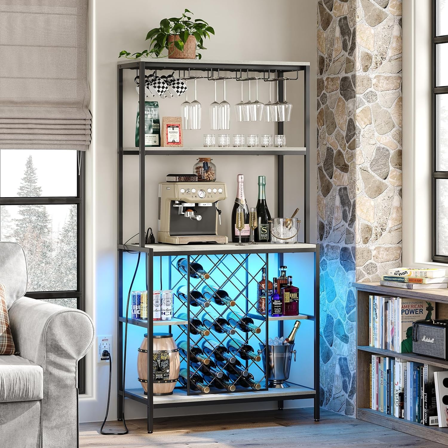 Wine Cabinet with Power Outlets & LED Lights 5-Tier Industrial Wine Bar ...