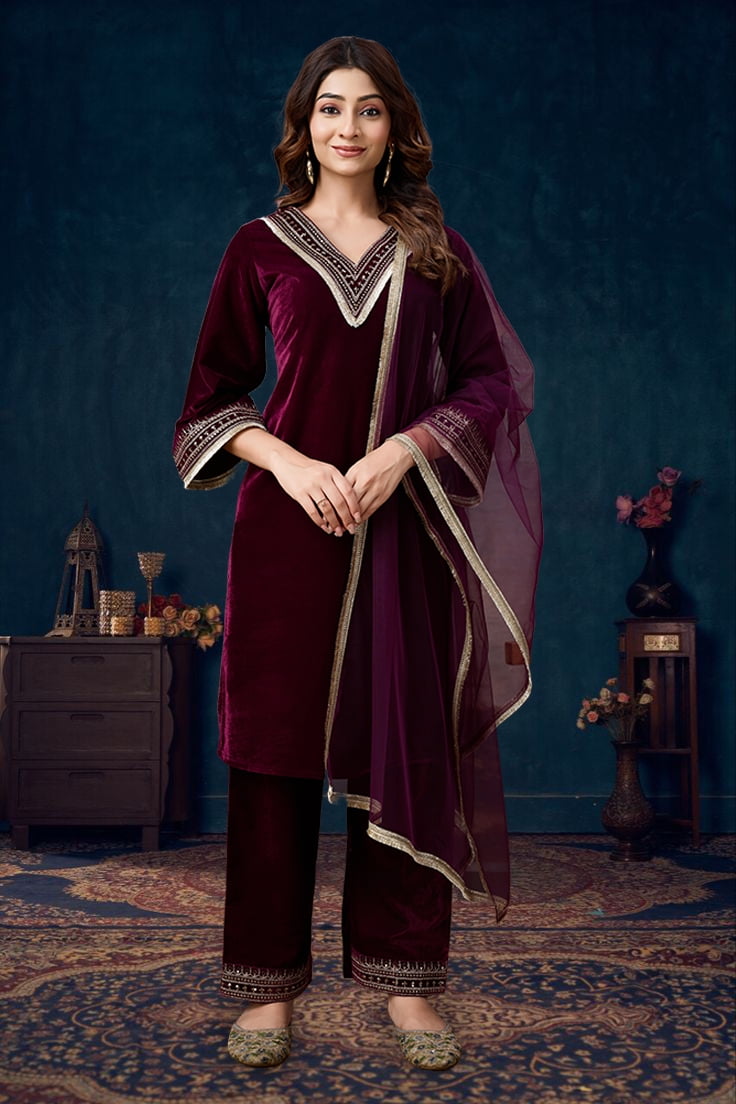 Wine Colour Latest Embroidered V-Neck Solid Wine Color Velvet Kurta ...