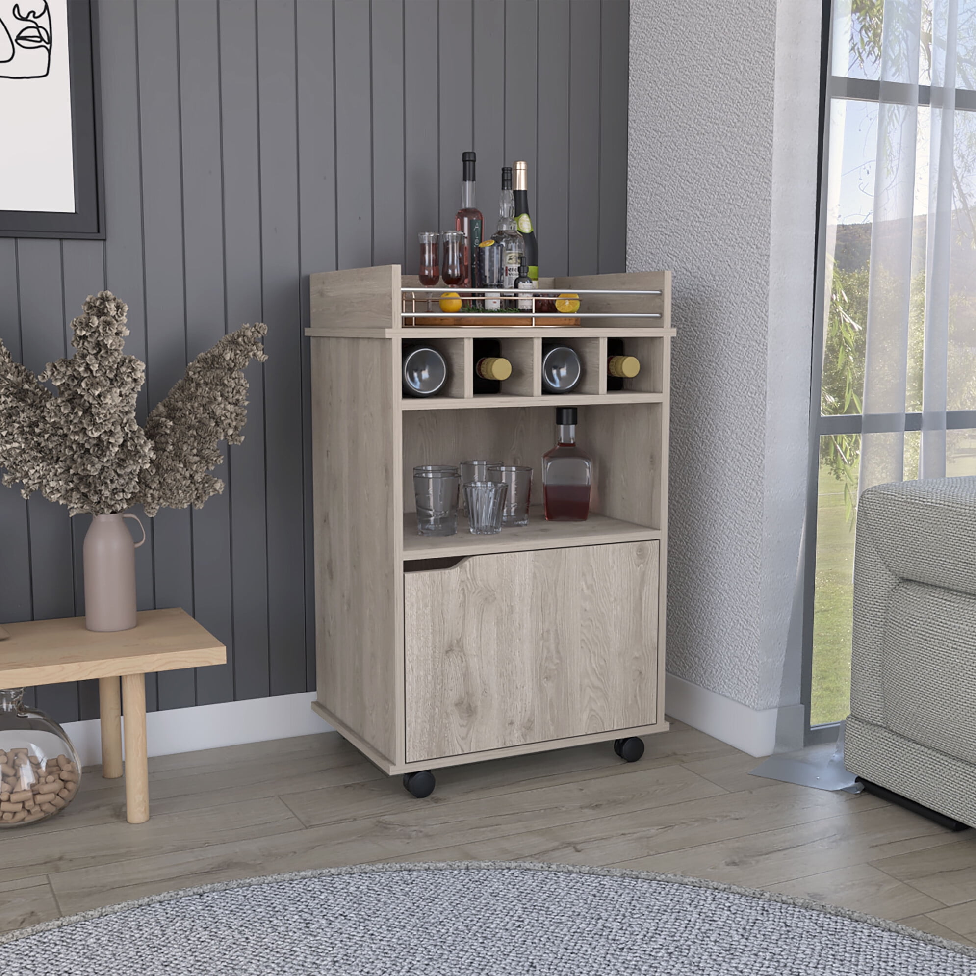 Wine Cooler on Wheels, Family Rustic Bar Cart with 2 Open Shelves 4 ...