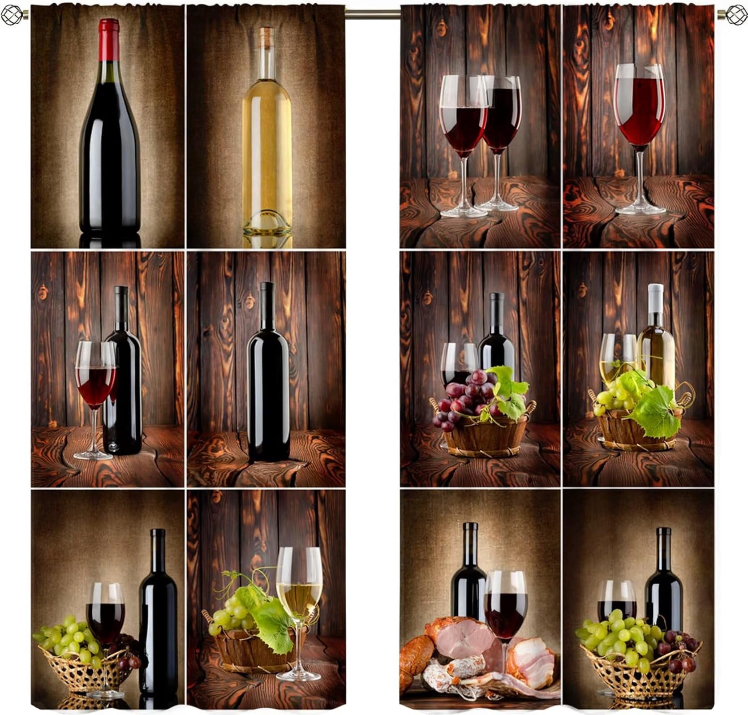 Wine Curtains Drink Themed Collage Wooden Backdrop Grapes and Meat ...