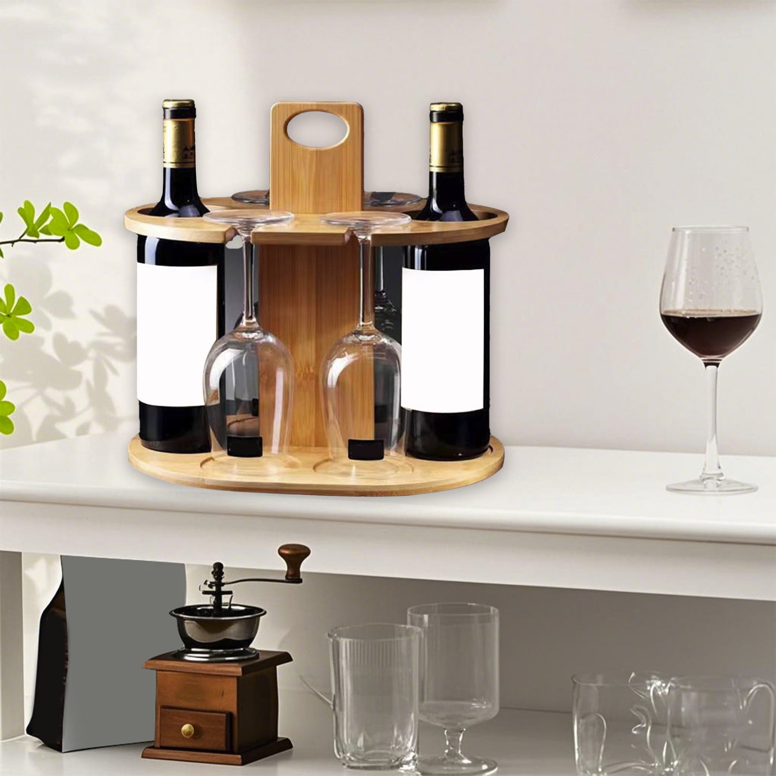 Wine Display Rack - 11.8" Bamboo Wine Rack, Sleek Countertop Wine Glass Holder, 2 Bottles and 4 ...
