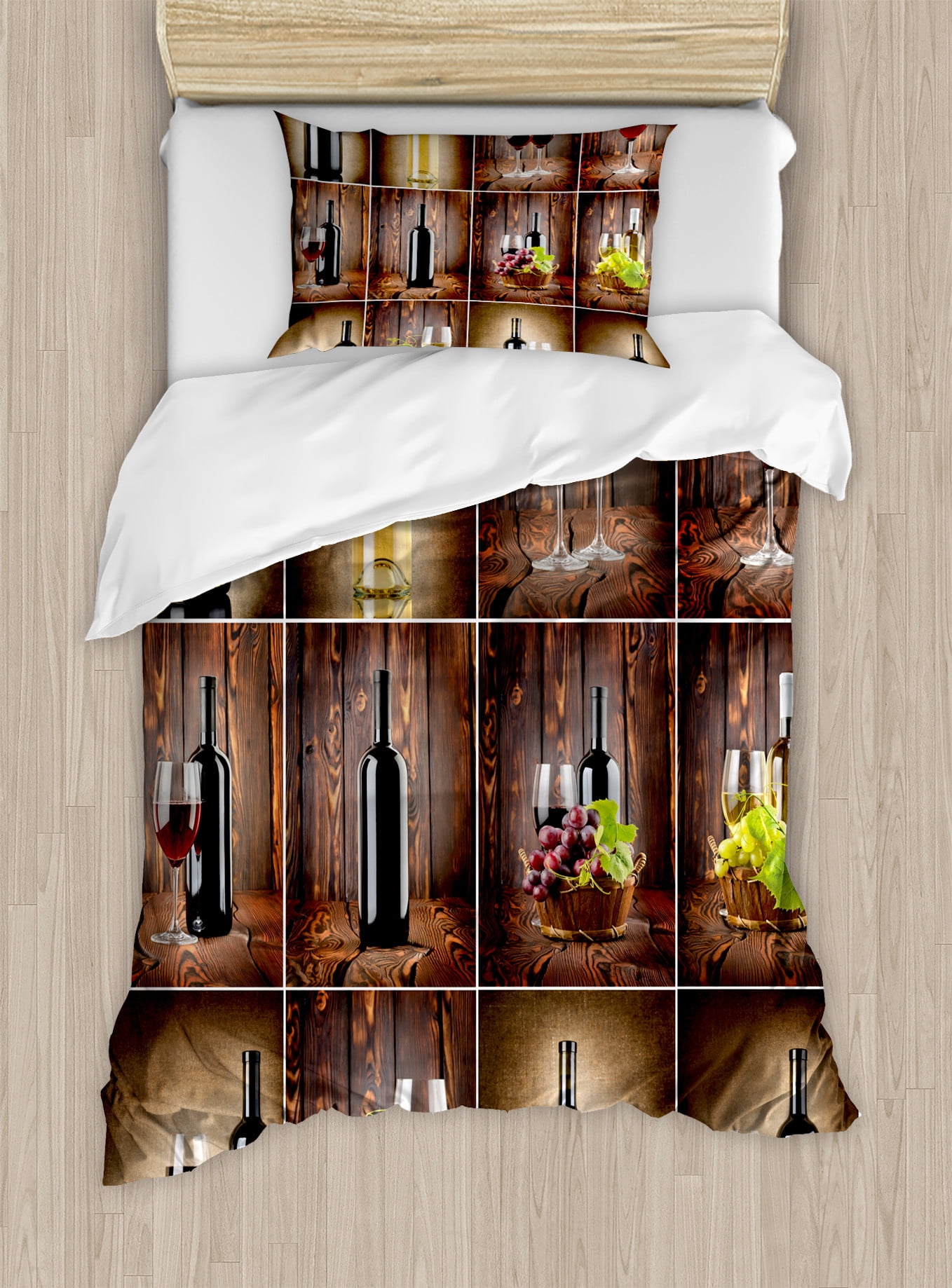 Wine Duvet Cover Set, Drink Themed Collage on Wooden Backdrop Grapes ...