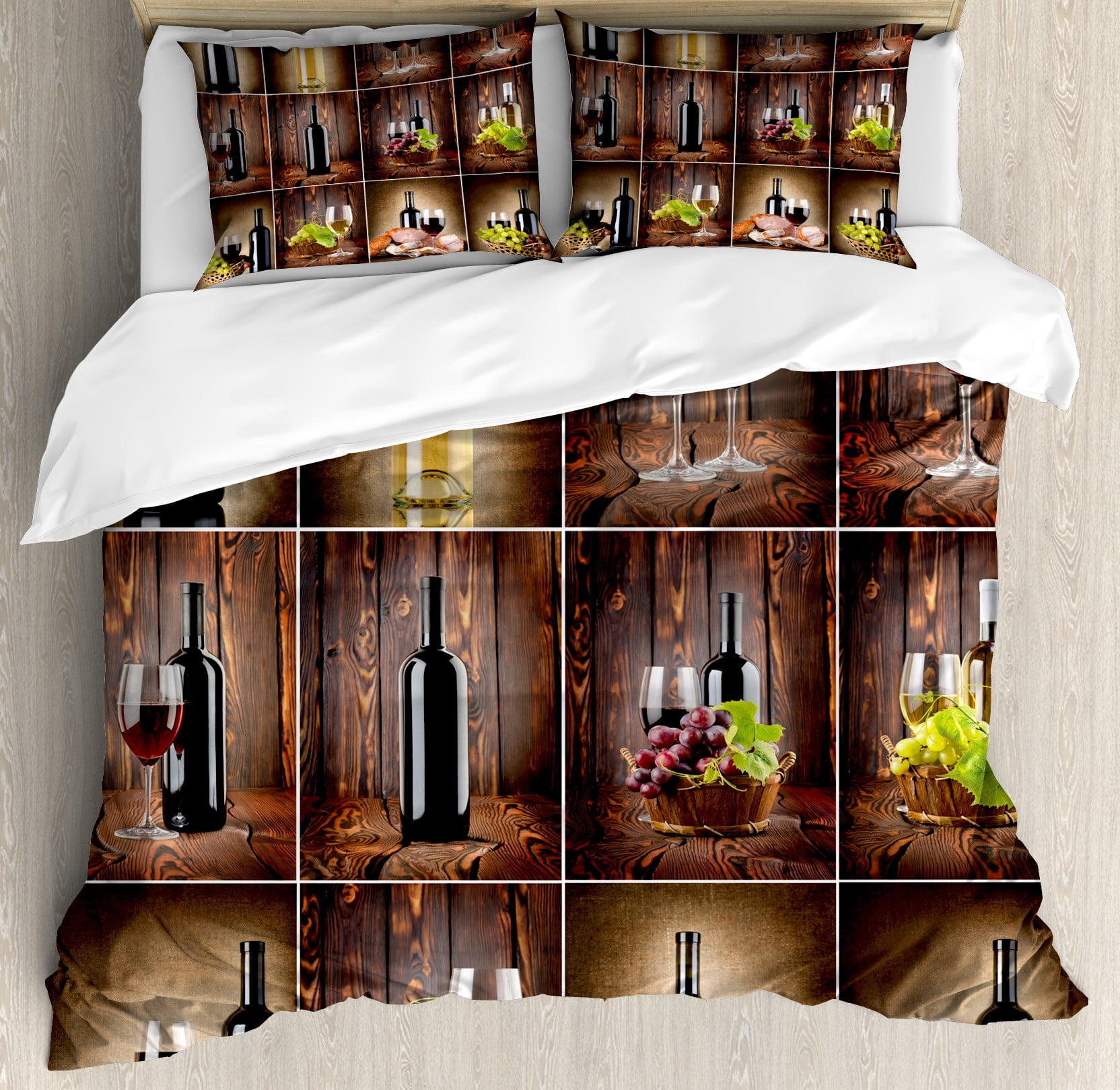 Wine Duvet Cover Set, Drink Themed Collage on Wooden Backdrop Grapes ...
