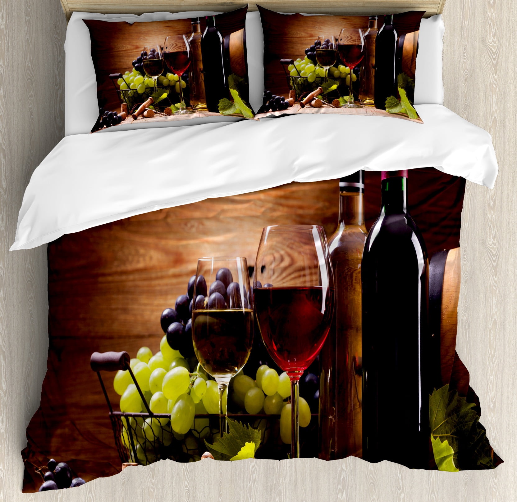 Wine Duvet Cover Set, Glasses of Red and White Drink Served Grapes ...