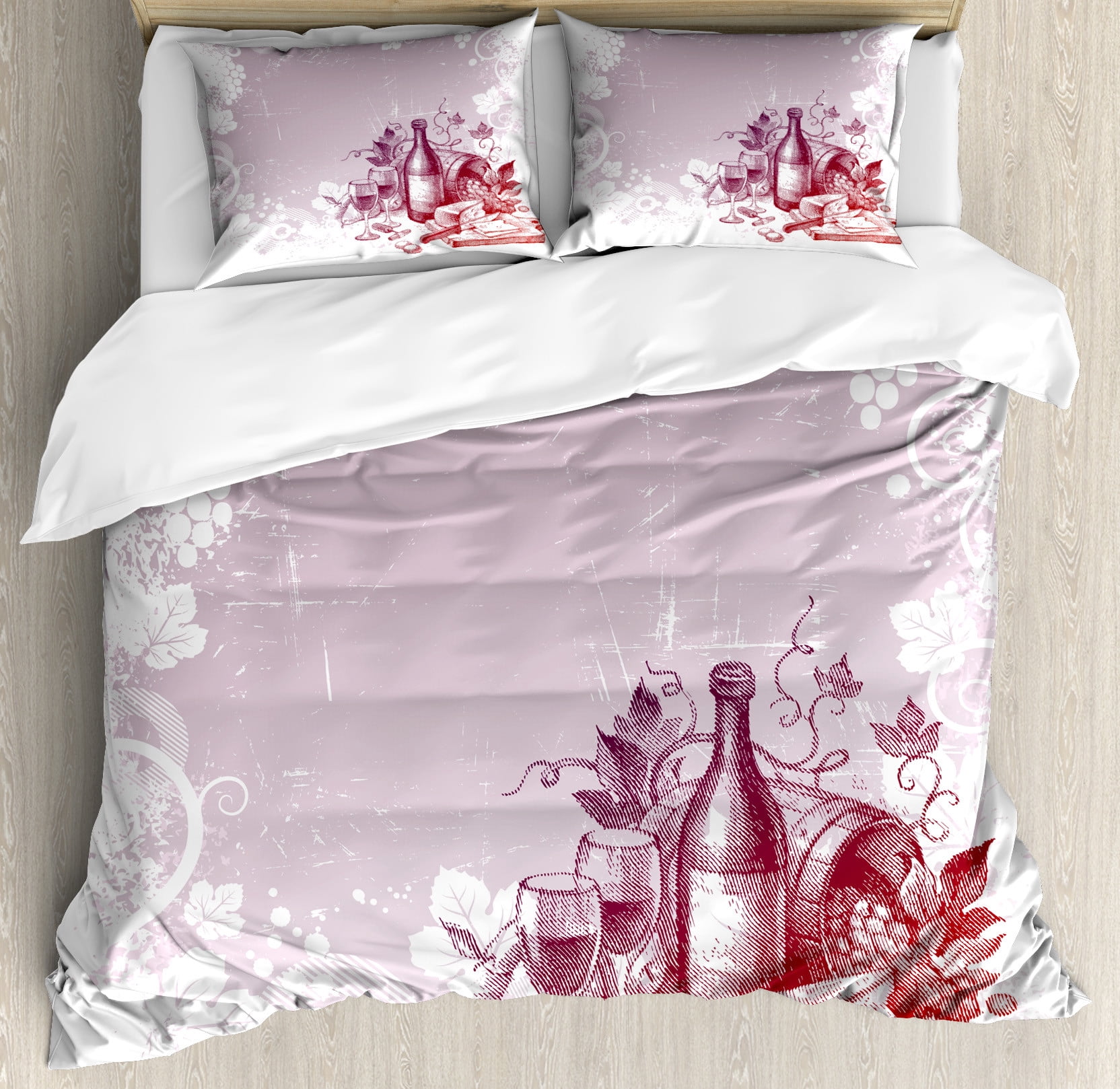 Wine Duvet Cover Set, Grunge Abstract Frame Bunch of Grapes Leaves ...