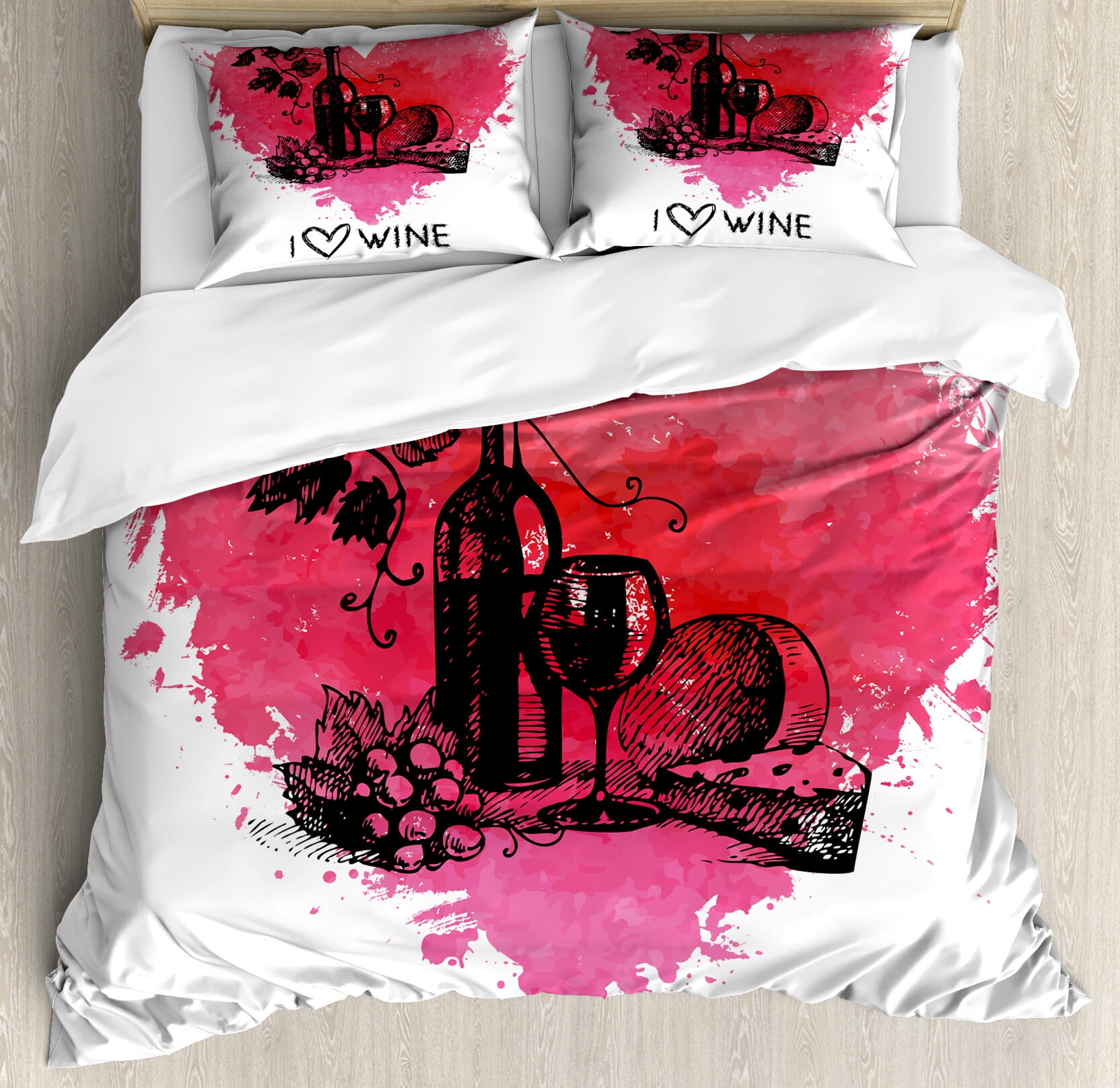 Wine Duvet Cover Set, Hand Drawn Sketch Illustration Splash Watercolor ...