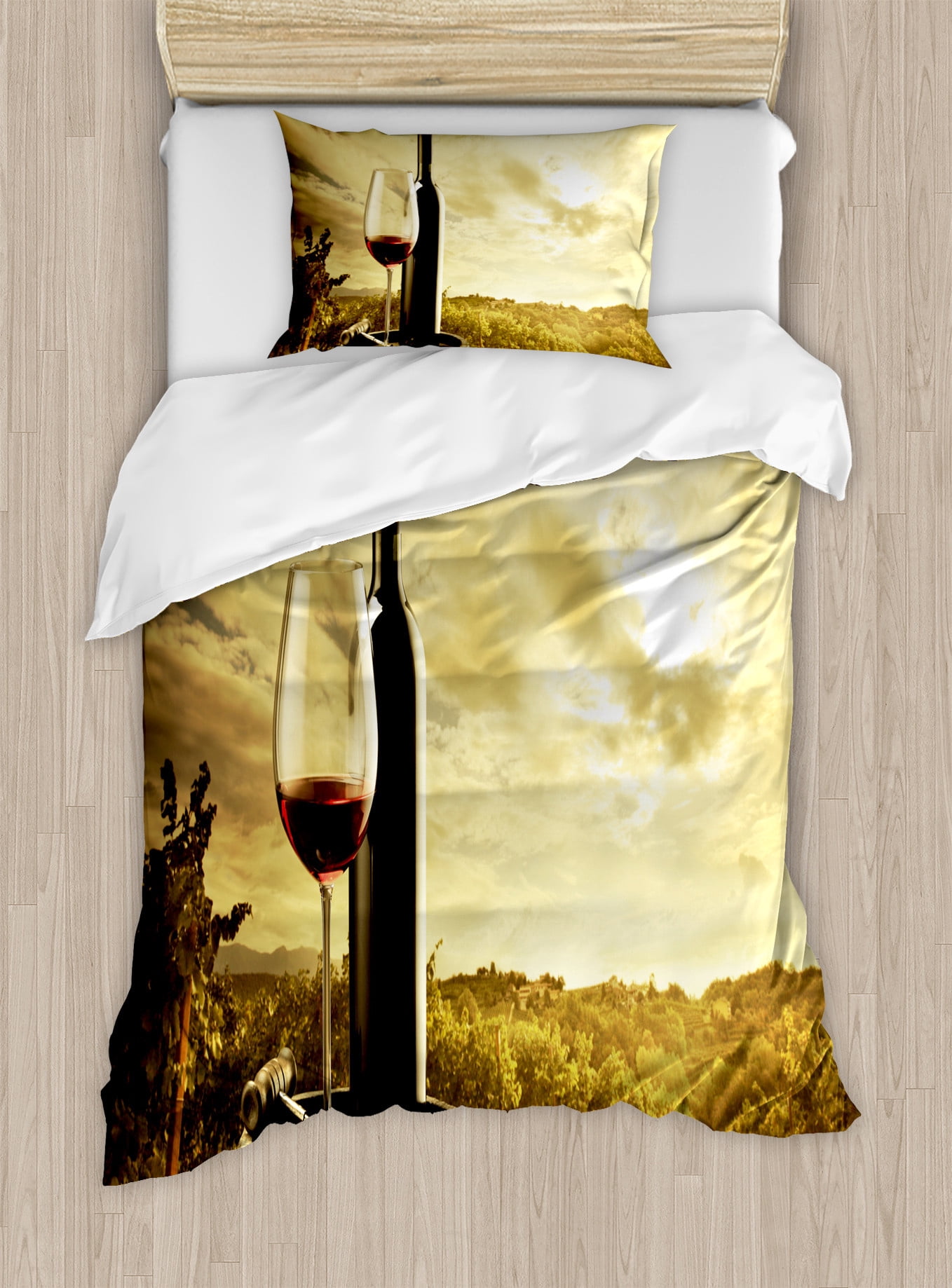 Wine Duvet Cover Set, Red Wine Bottle and Glass on Wooden Cask Dramatic ...