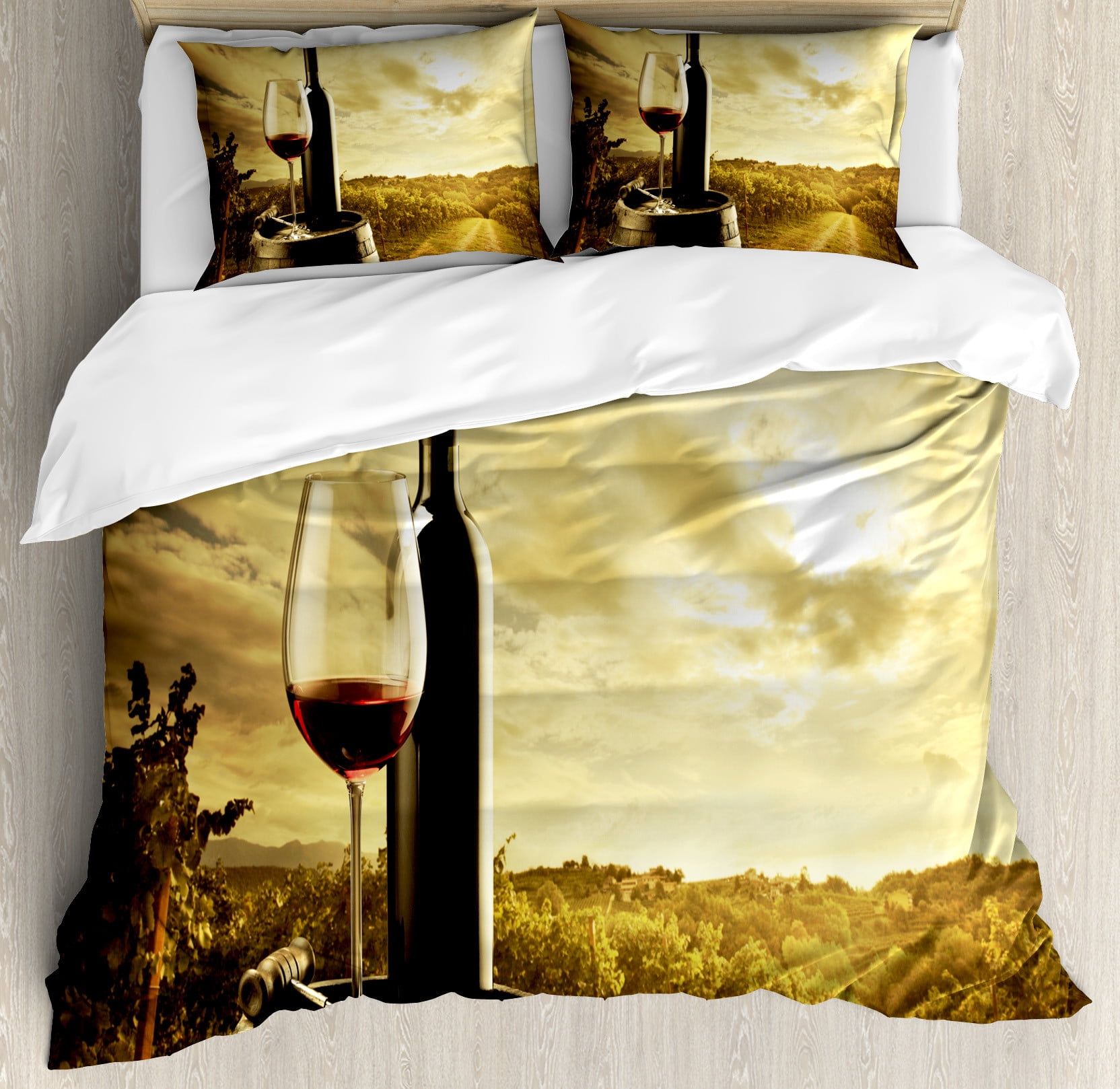 Wine Duvet Cover Set, Red Wine Bottle and Glass on Wooden Cask Dramatic ...